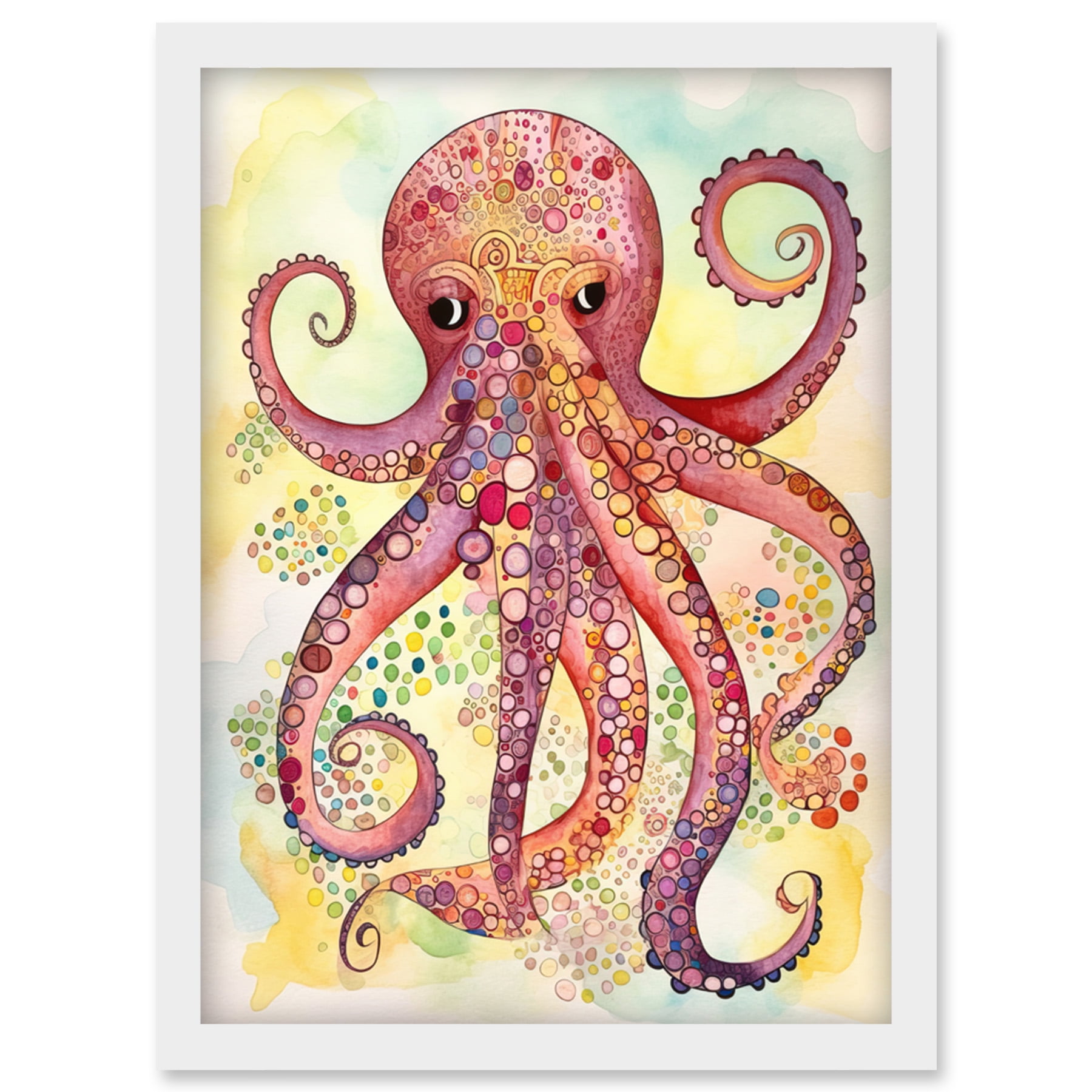Octopus Portrait Bright Folk Art Watercolour Painting Artwork Framed ...
