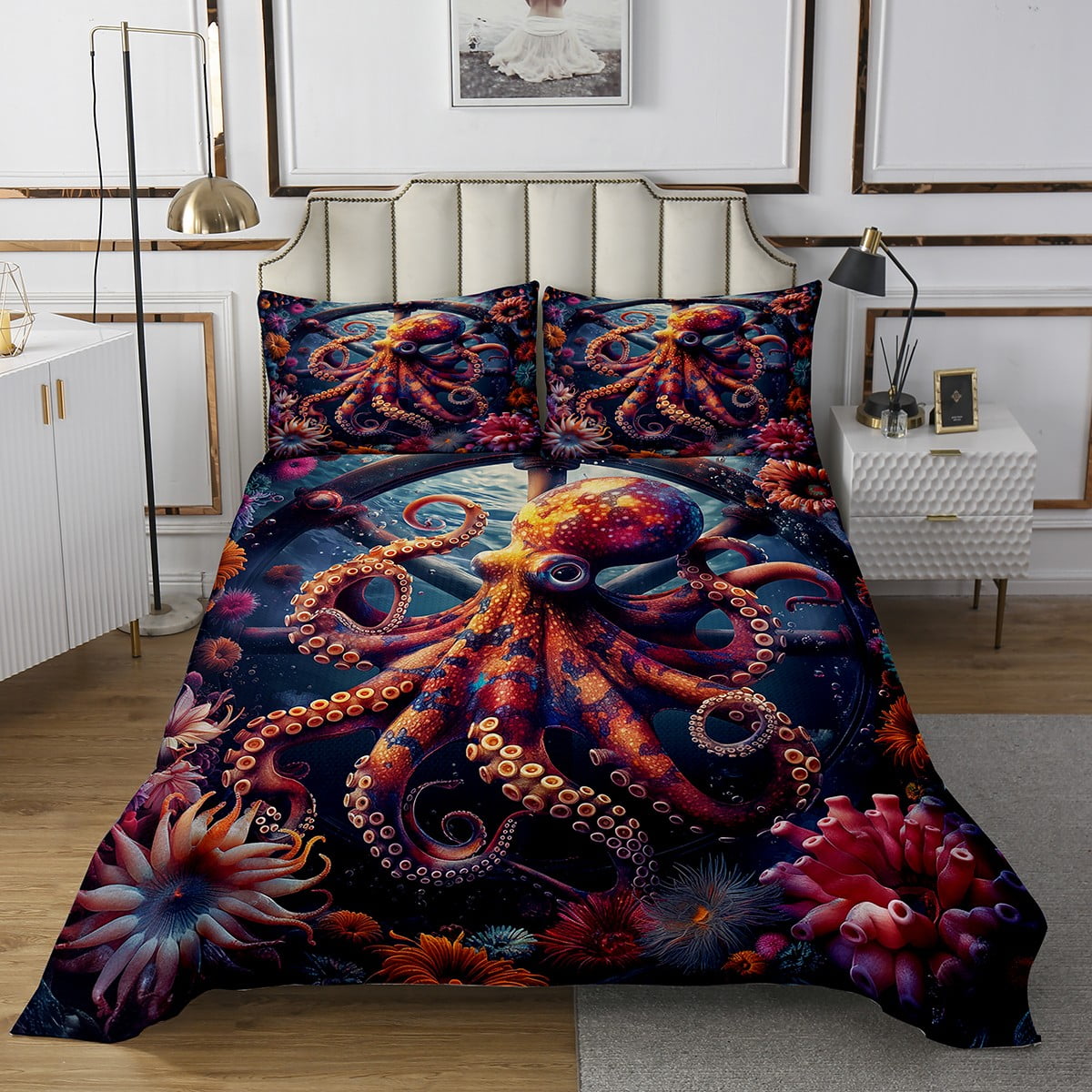 Octopus Queen Quilt Set,Sea Animal Ocean Life Octopus Bedding Set for ...