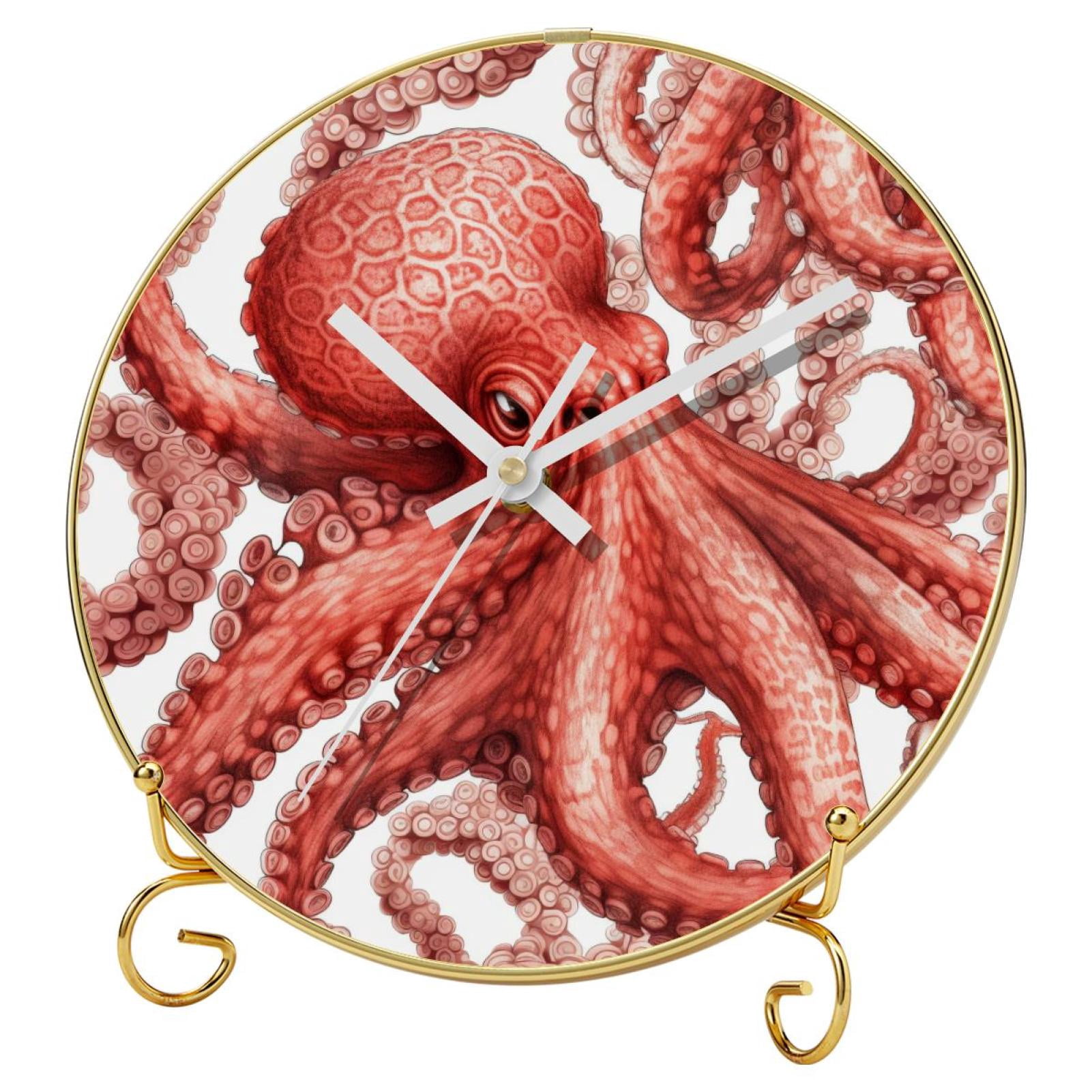 Octopus Round Printed Wall Clocks with Hooks and Gold Stand: Silent ...