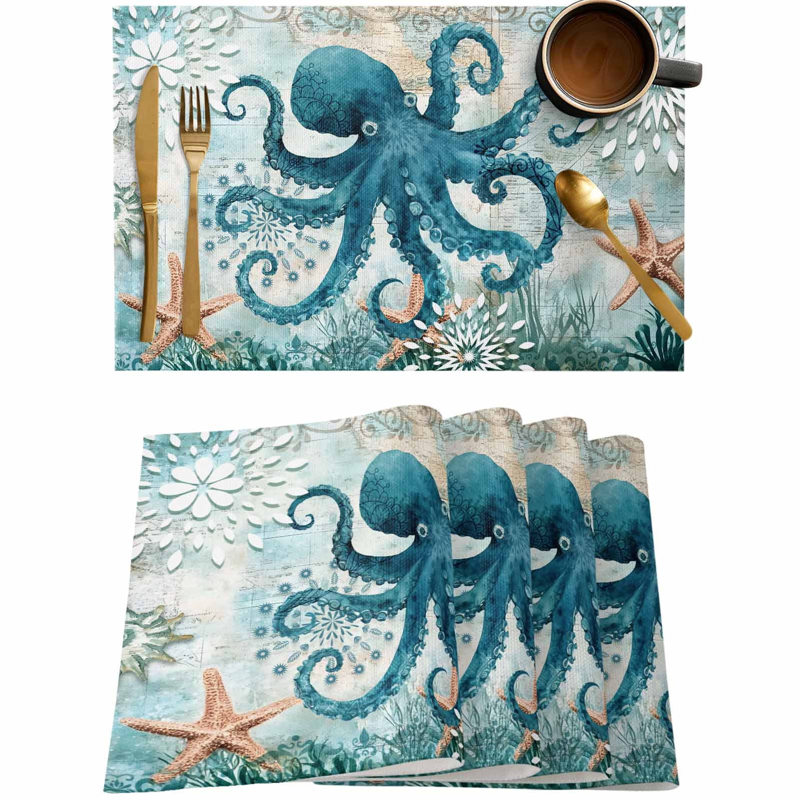 Octopus Sea Monster Starfish Coral Placemats Set of 4,Wipeable Washable ...