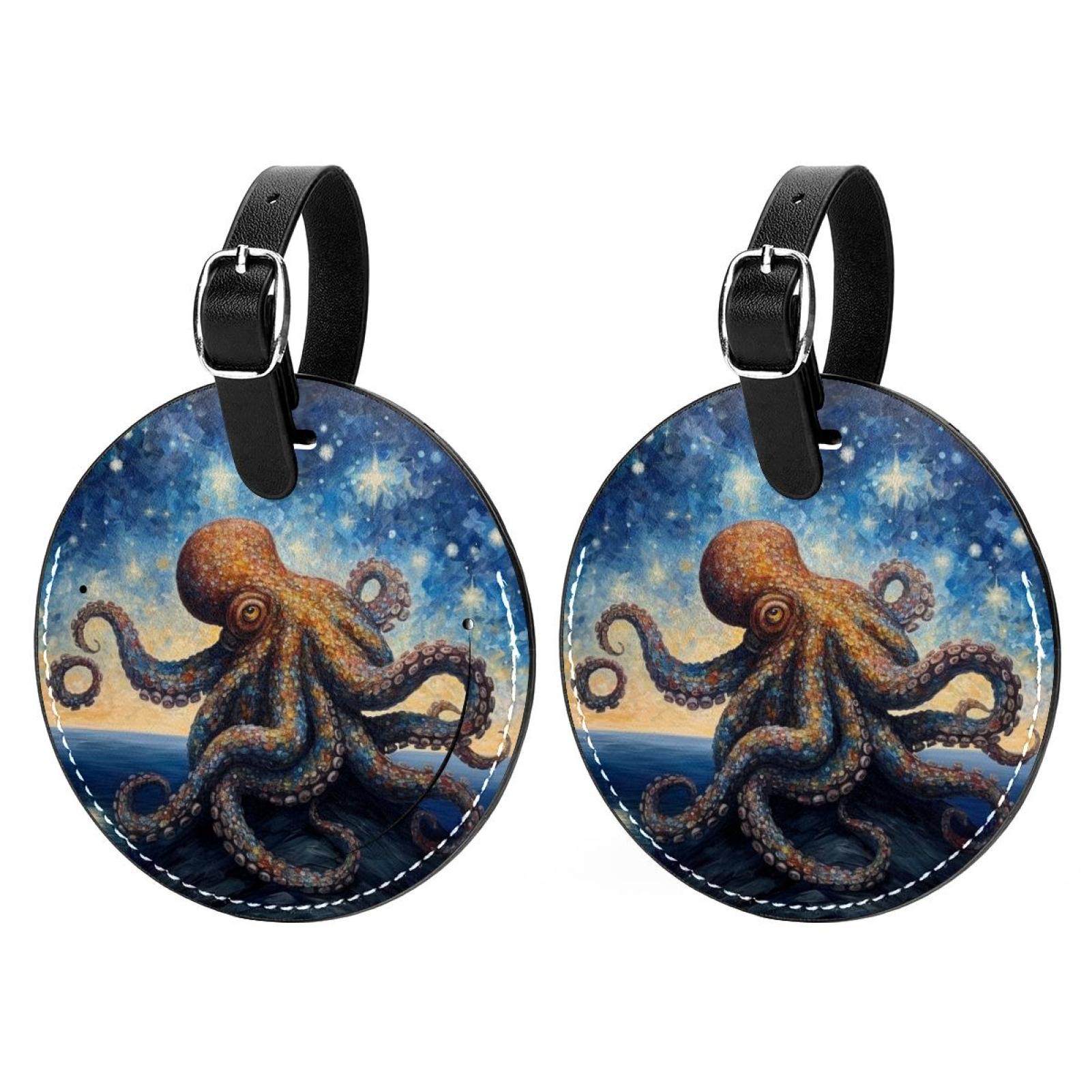 Octopus Set of 2pcs PU Leather Round Suitcase Tags with Privacy Cover ...