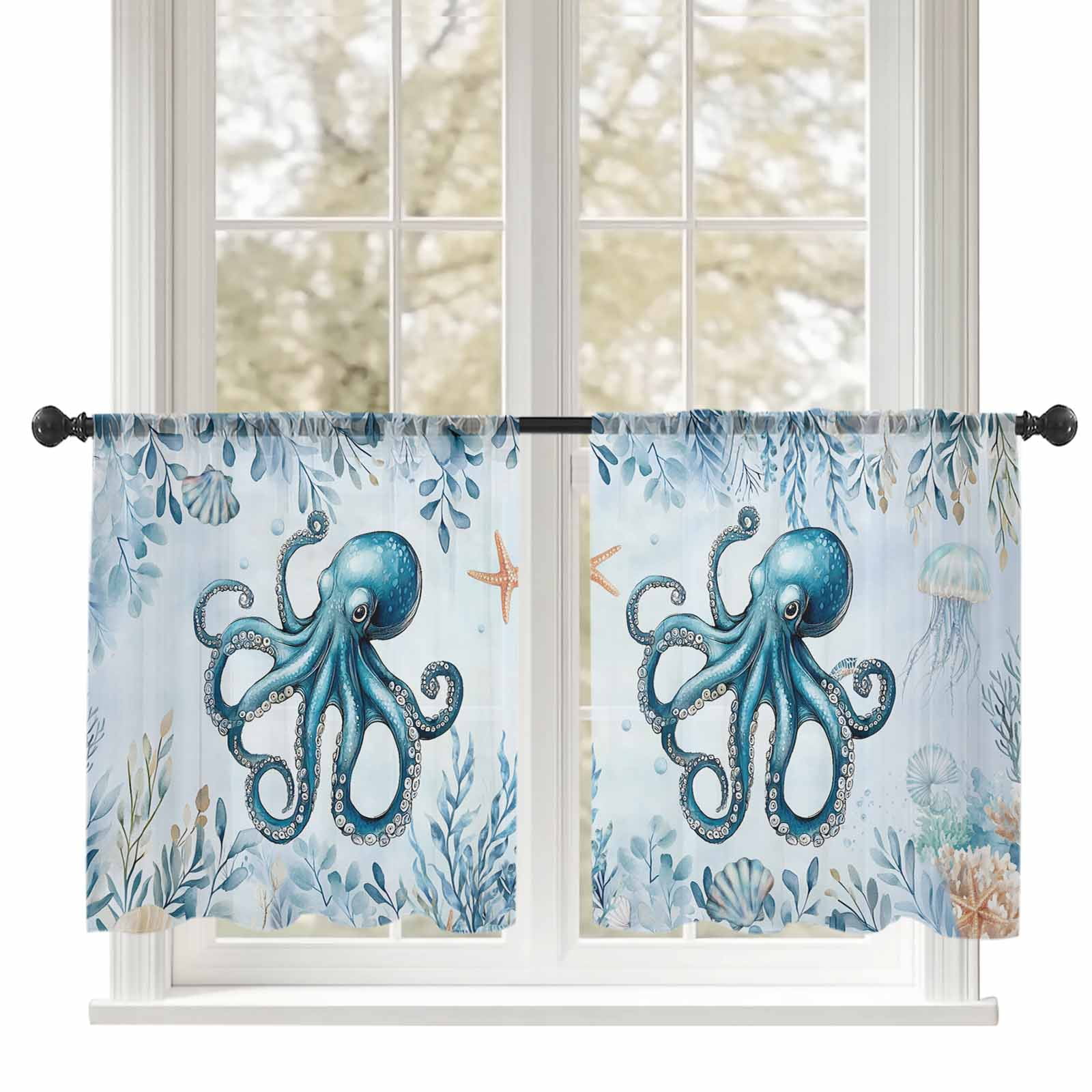 Octopus Sheer Curtains 2 Panels Set, Coastal Jellyfish Shell Window ...