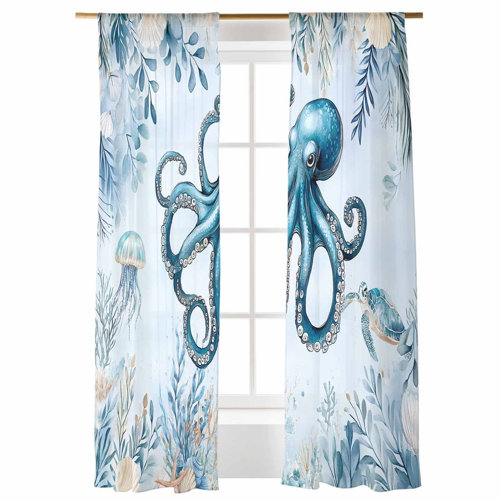Octopus Sheer Curtains 2 Panels Set, Coastal Jellyfish Shell Window ...