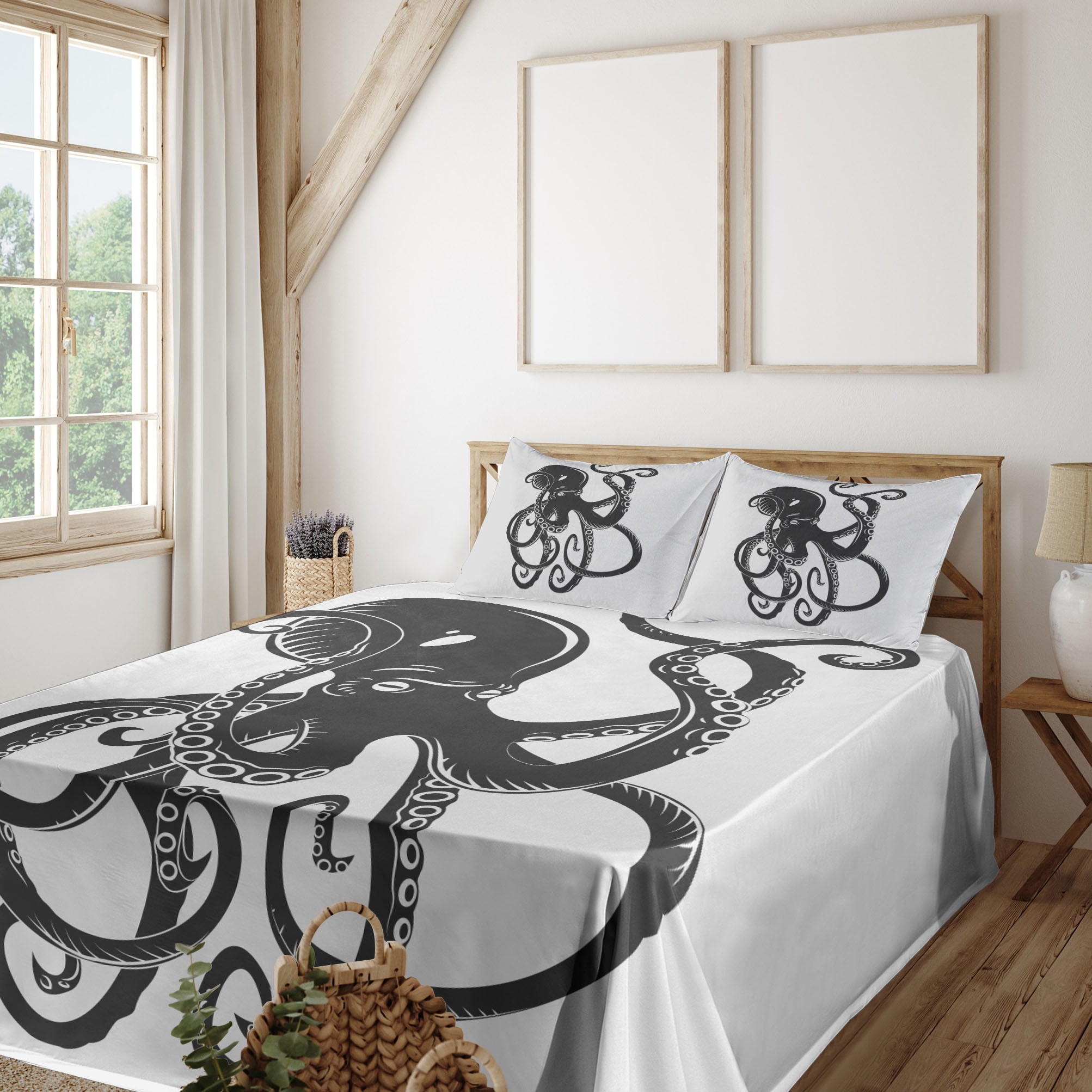 Octopus Sheet Set, Black Danger Cartoon Octopus Characters with Curling ...