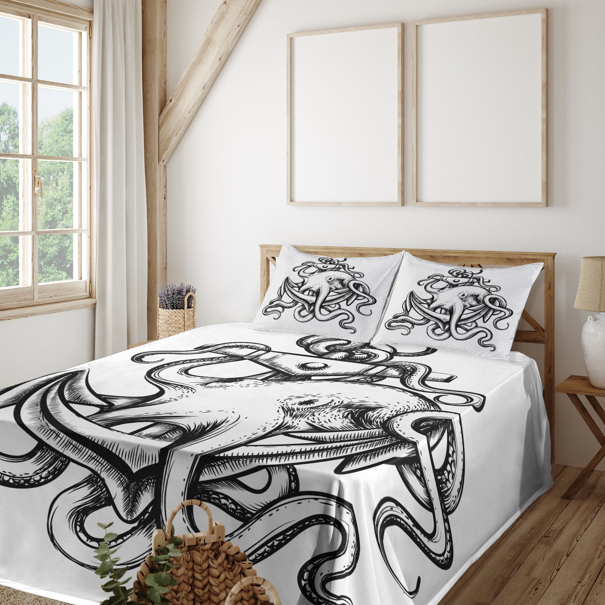 Ambesonne Octopus Fitted & Top Sheet Set with Shams, Nautical Theme ...