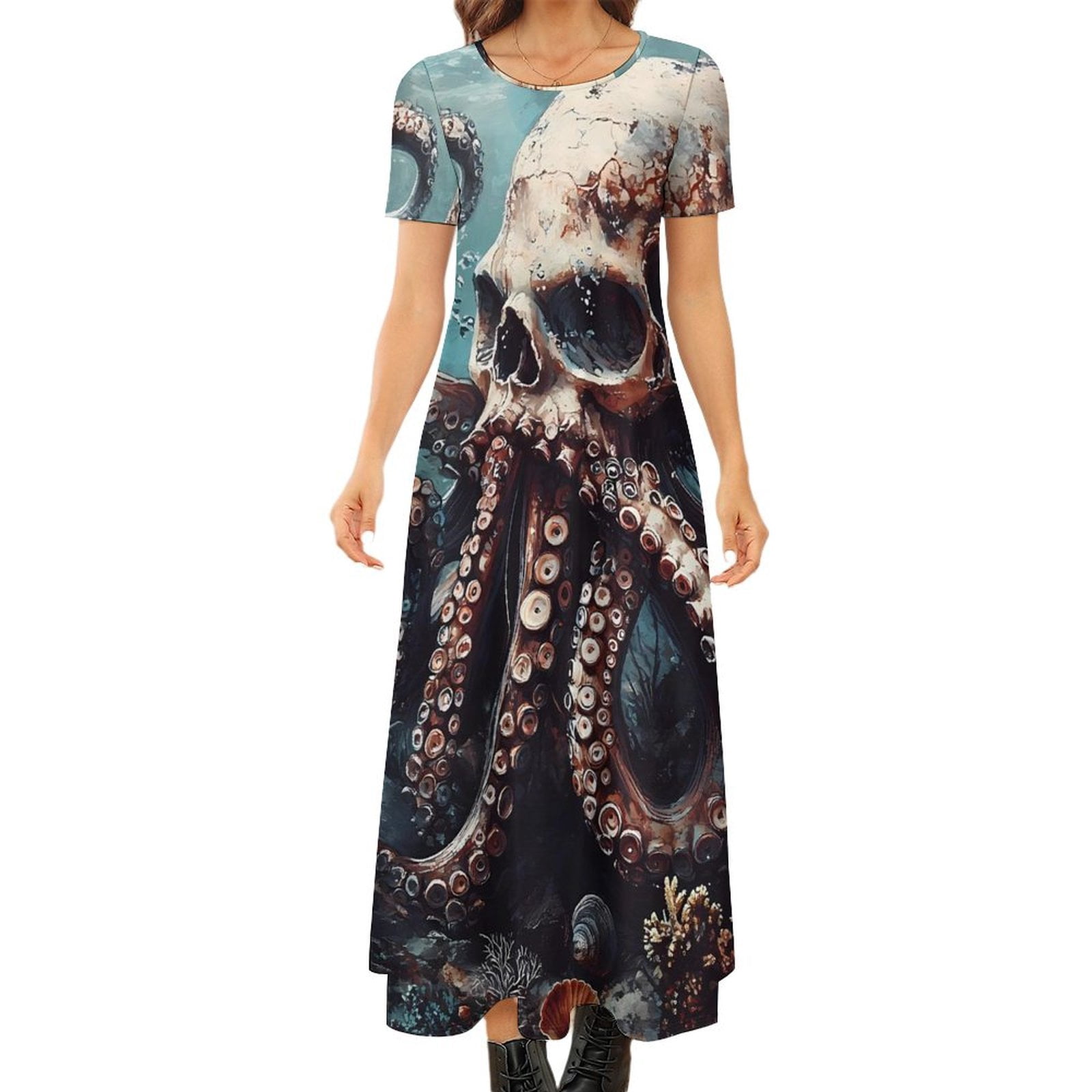 Octopus Skull Women's Maxi Dress Summer Casual Short Sleeve T Shirt ...