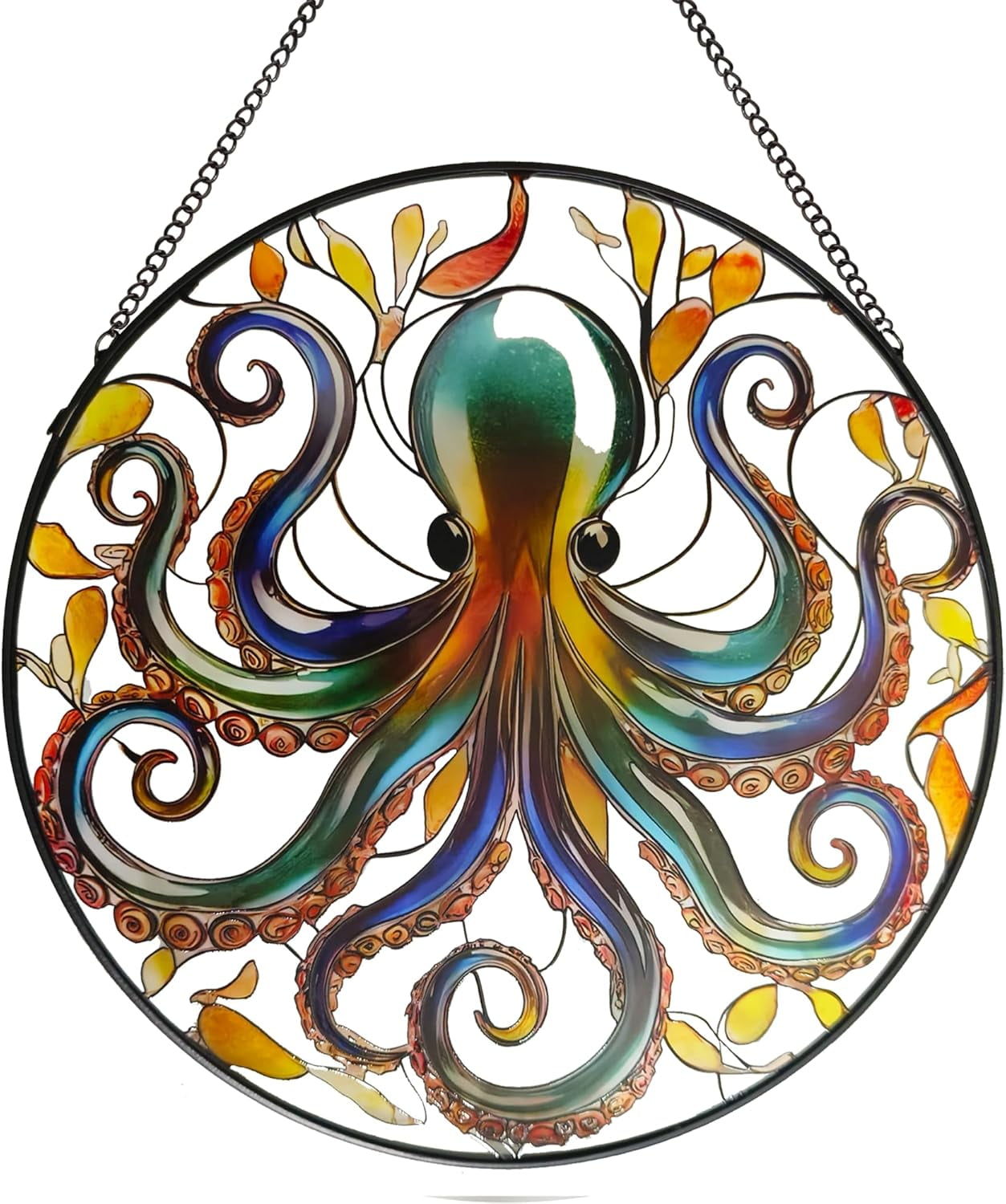 Octopus Stained Glass Window Hanging, Sun Catcher Glass Panel Ocean ...
