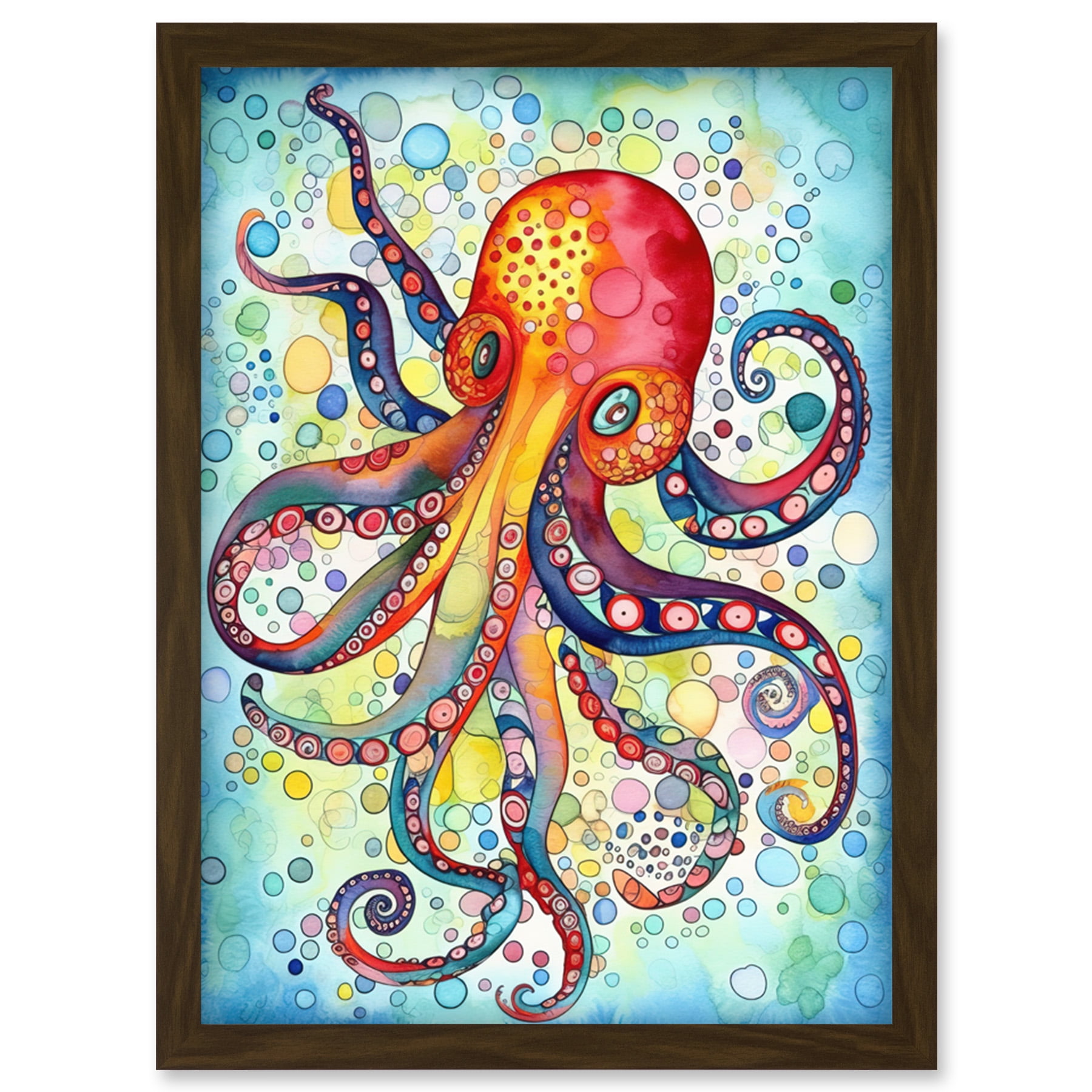 Octopus Swimming In Air Bubbles Folk Art Watercolour Painting Artwork ...