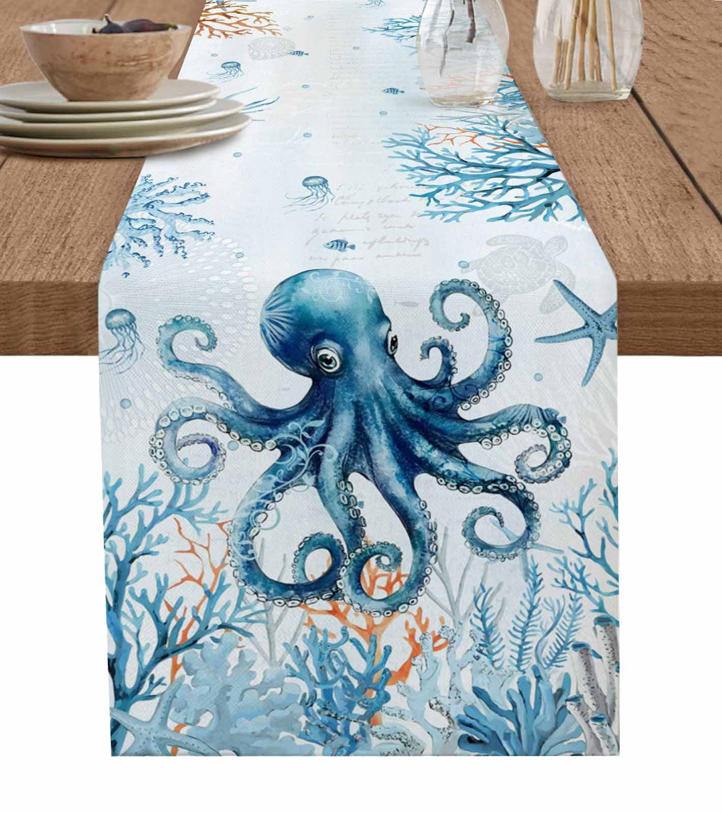 Octopus Table Runner Blue Coastal Starfish Ocean Coral Nautical ...