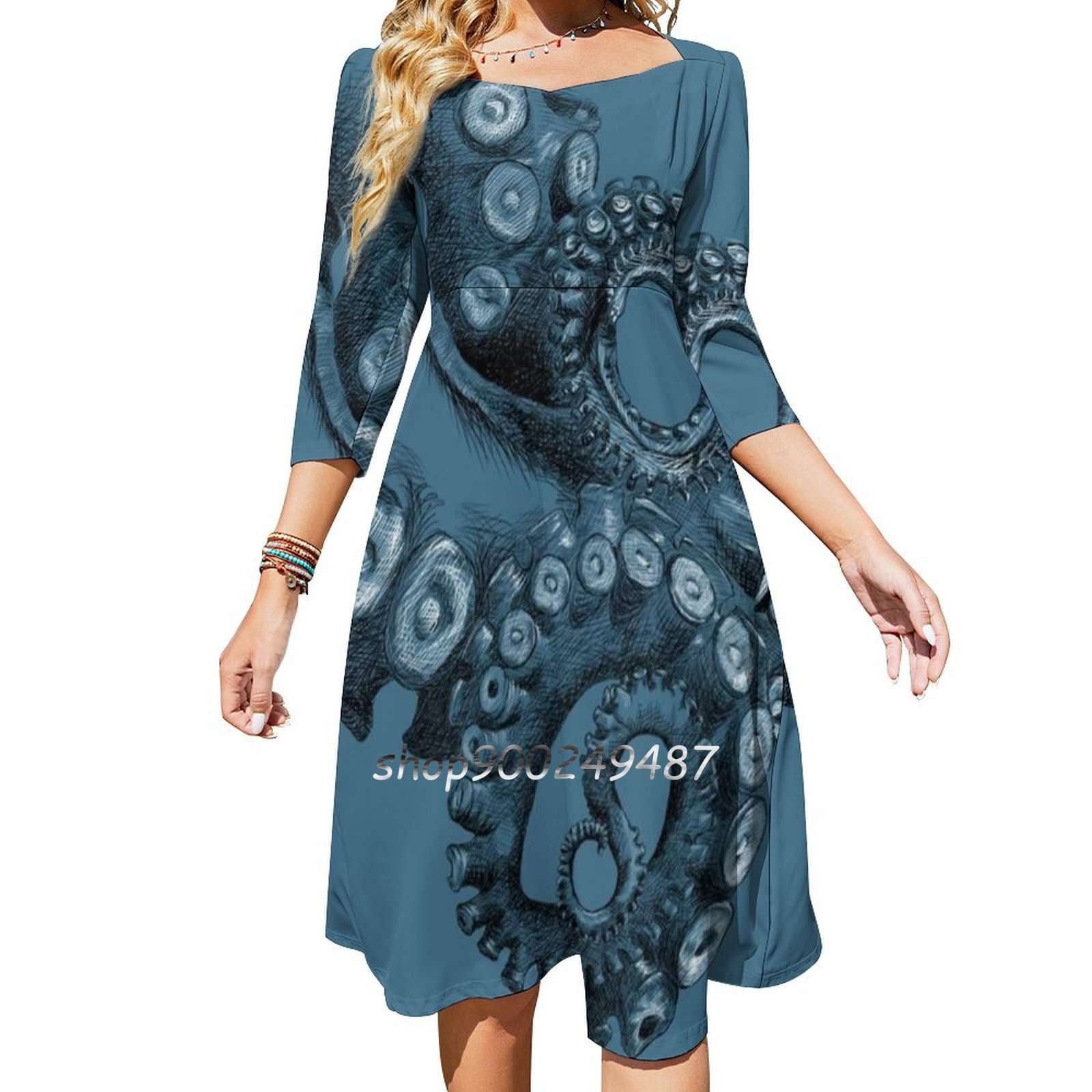 Octopus Tentacle Two-Tone Drawing Evening Party Dresses Midi Sexy Dress ...