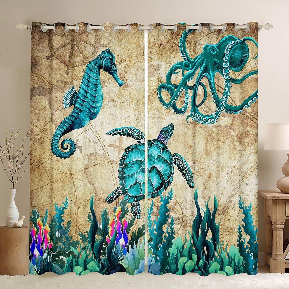 Octopus Tentacles 30%-50% Blackout Curtains Vintage Nautical Boat ...