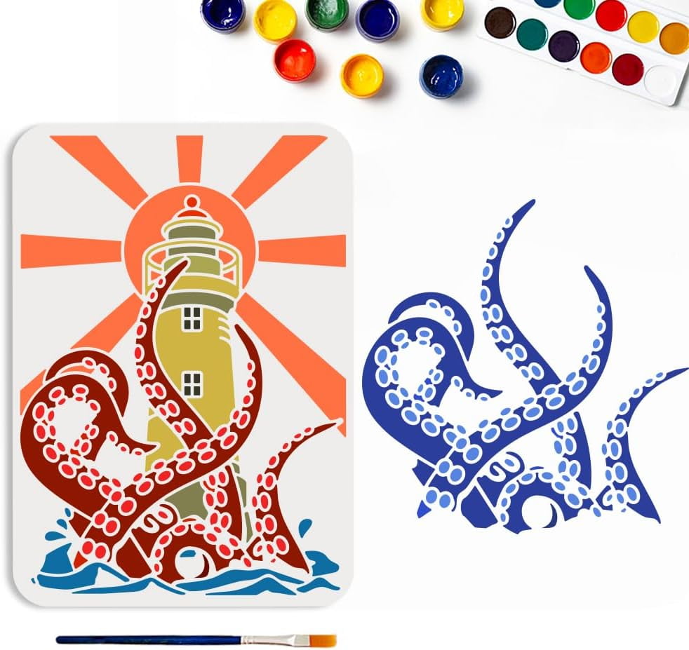 Octopus Tentacles Lighthouse Stencils 11.7×8.3inch Large Summer Sea ...