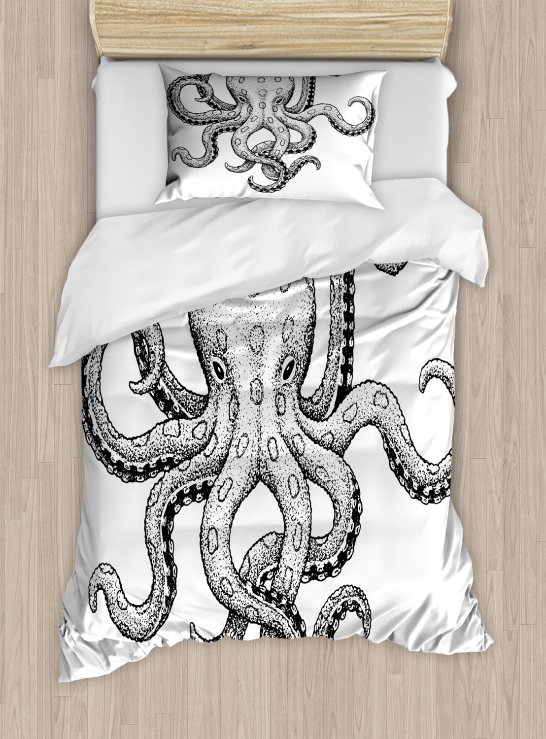 Octopus Twin Size Duvet Cover Set, Classic Drawn Ink Illustration Wild ...