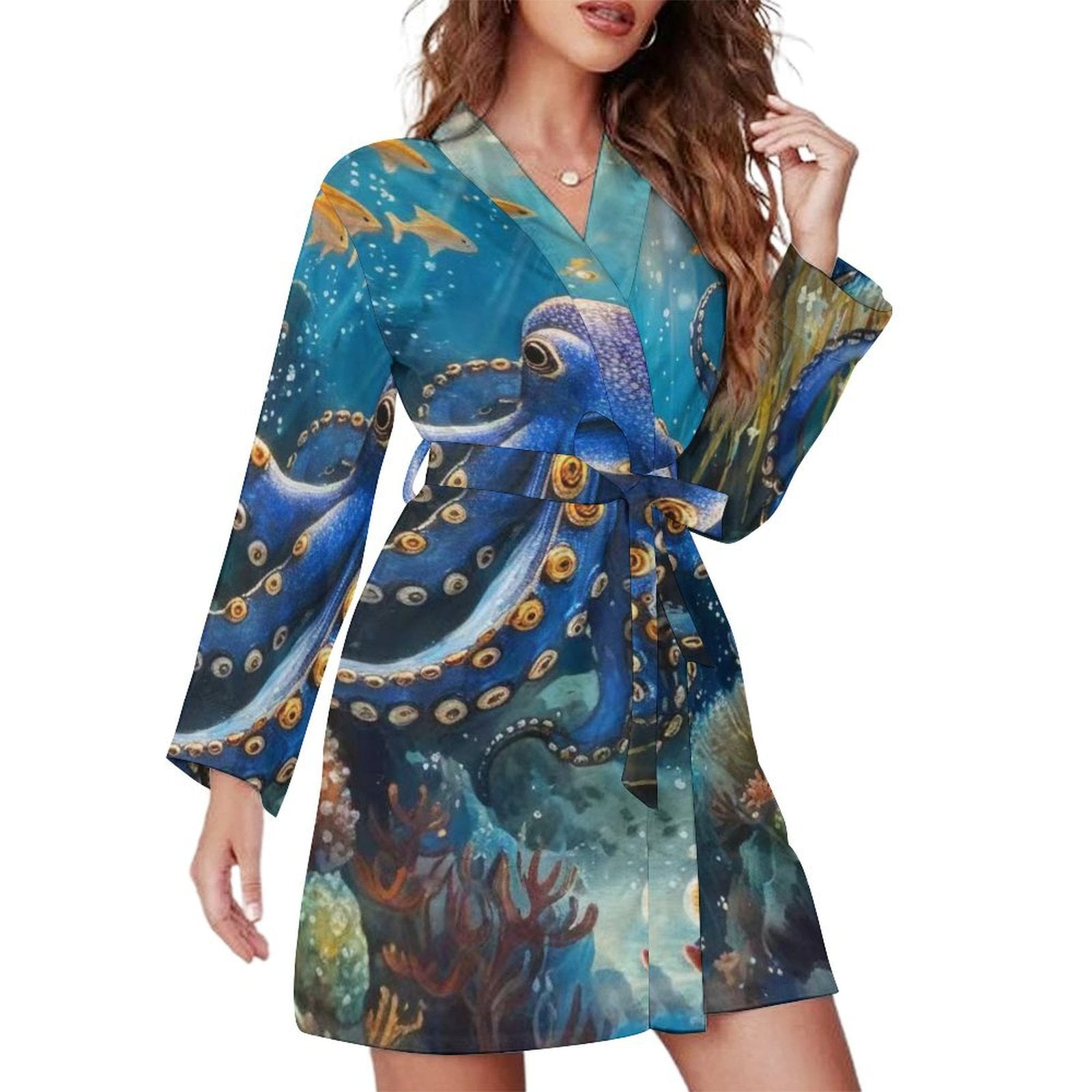 Octopus Watercolor Painting Night Robe Long Sleeve V Neck Robe With ...