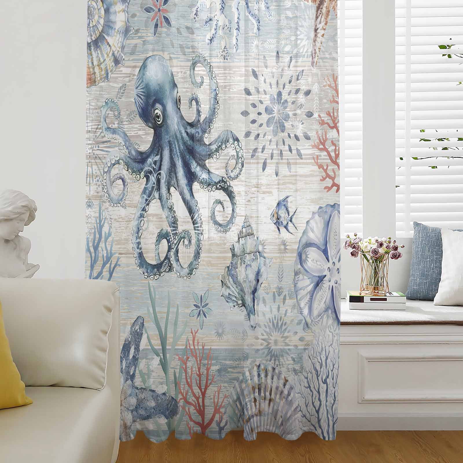 Octopus Window Curtain 72 Inches Long,Ocean Coral Retro Blue Shell ...