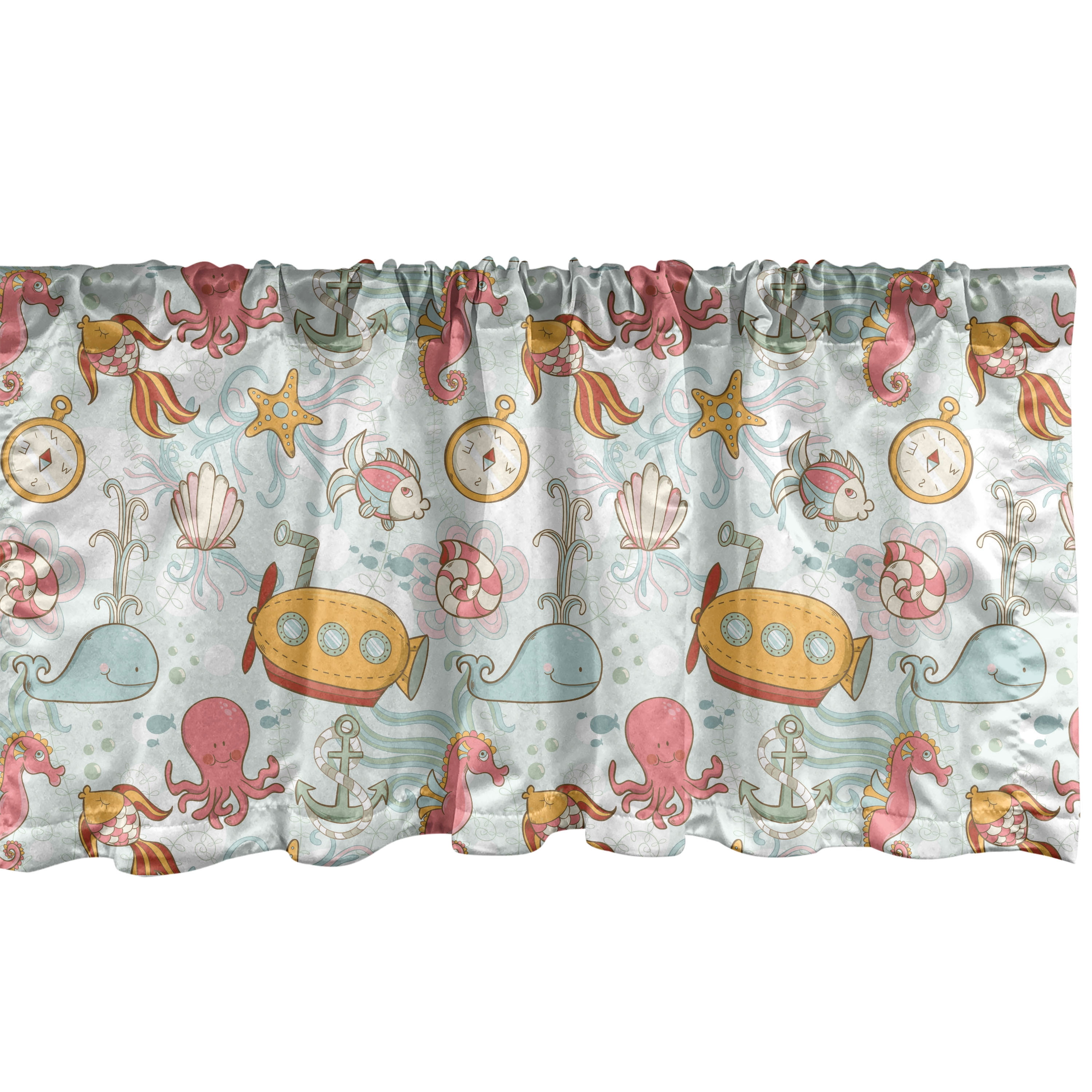 Octopus Window Valance Pack of 2, Cartoon of Submarine Octopus Fish ...