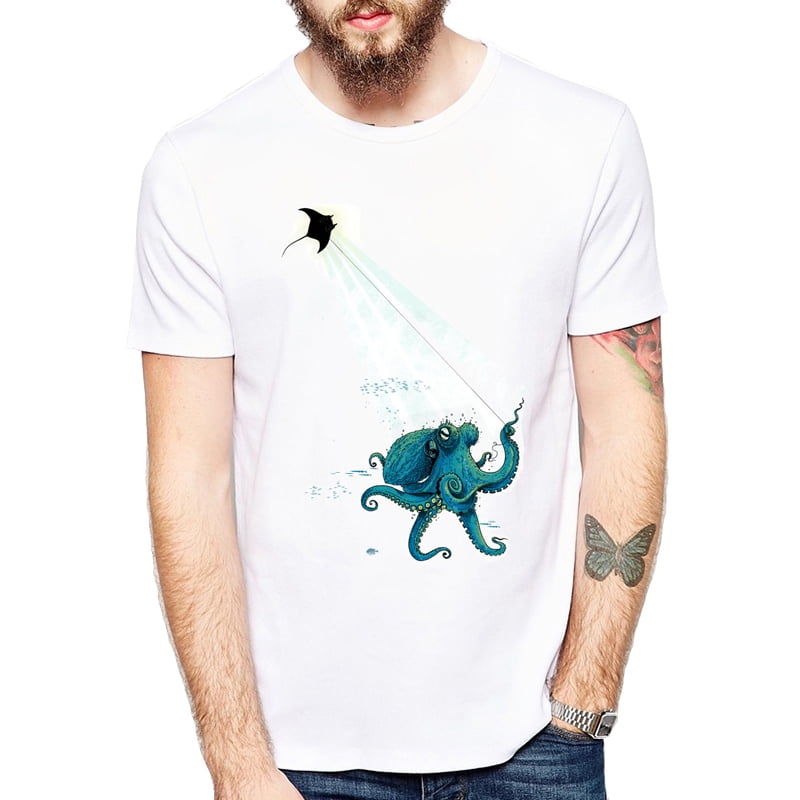 Octopus and devil rays Kite Flying T Shirts Men casual Top Cool animal ...