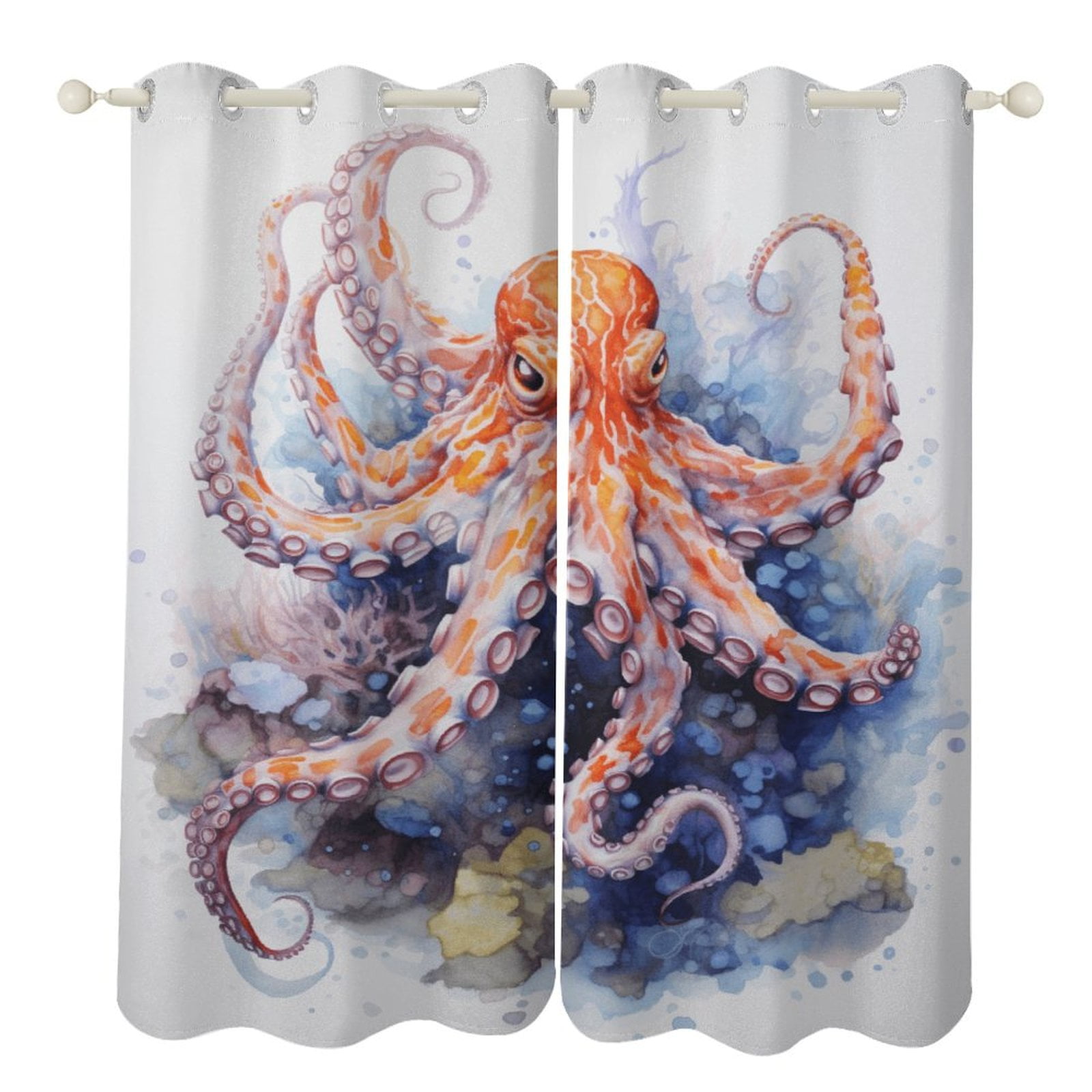 Octopus in The Mysterious Ocean 2 Panel Curtain Set, Watercolor ...