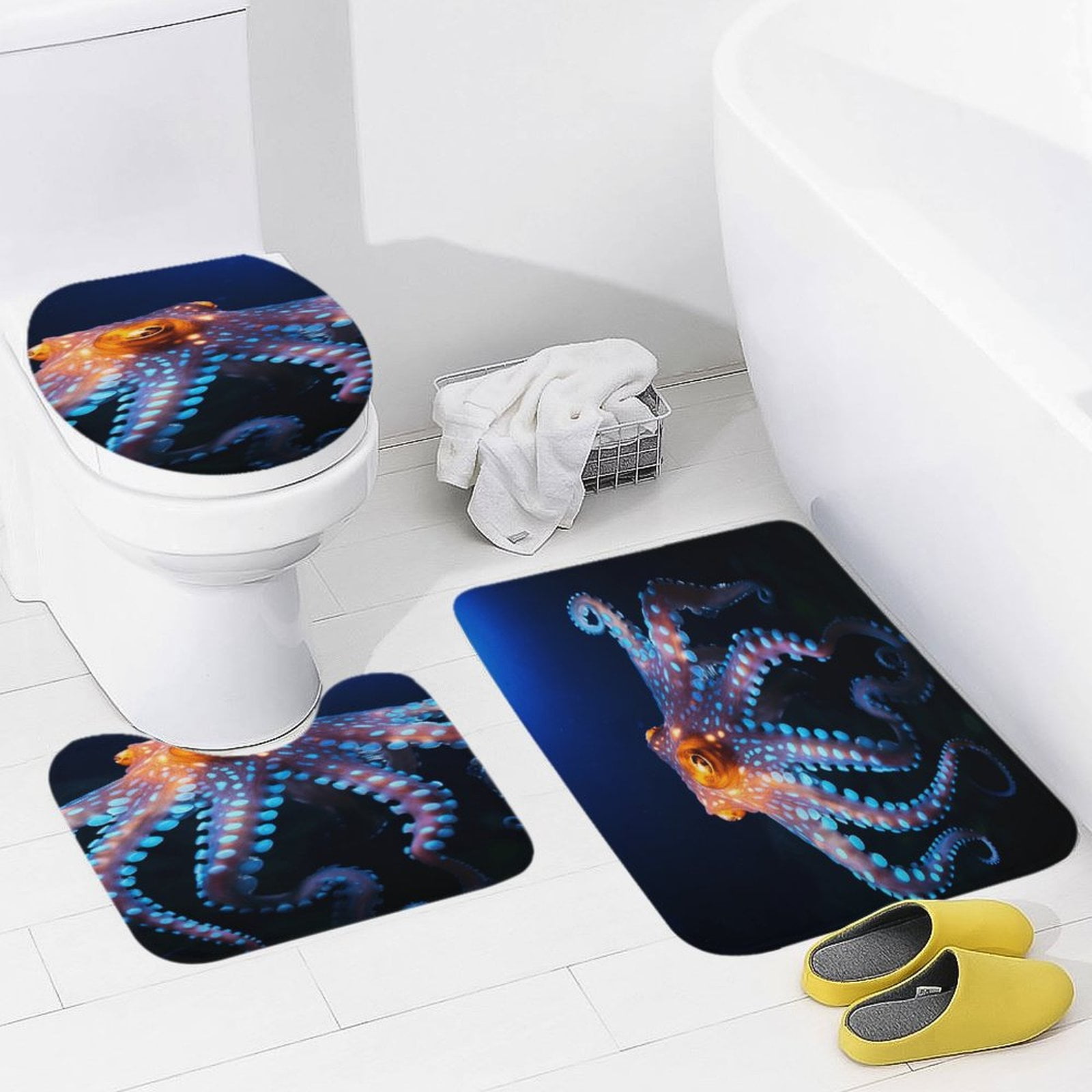 Octopus in The Mysterious Ocean Bathroom Rug Set of 3, No Silp Washable ...