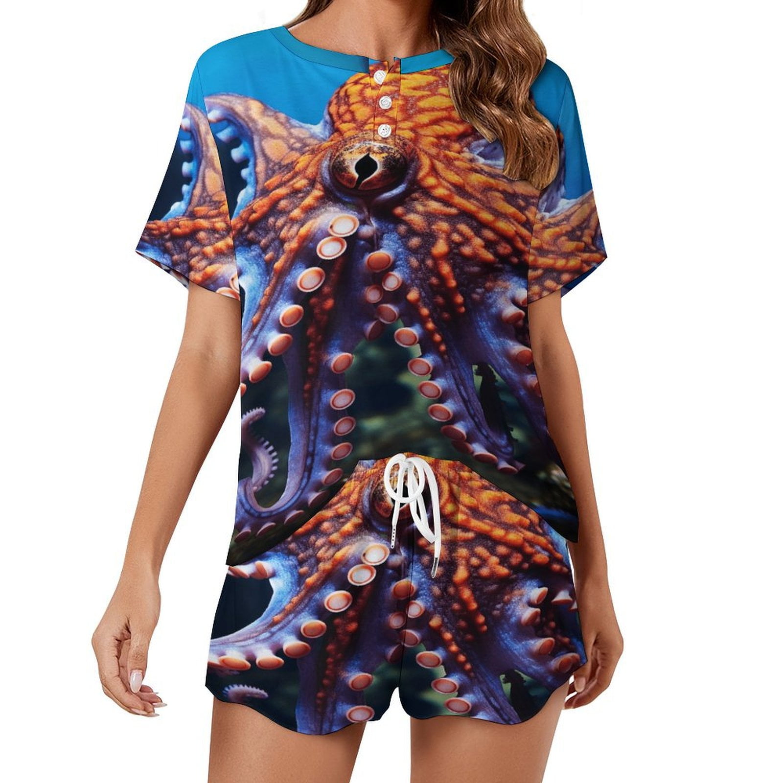Octopus in The Mysterious Ocean Women's Ruffle Short Sleeve Tops And ...