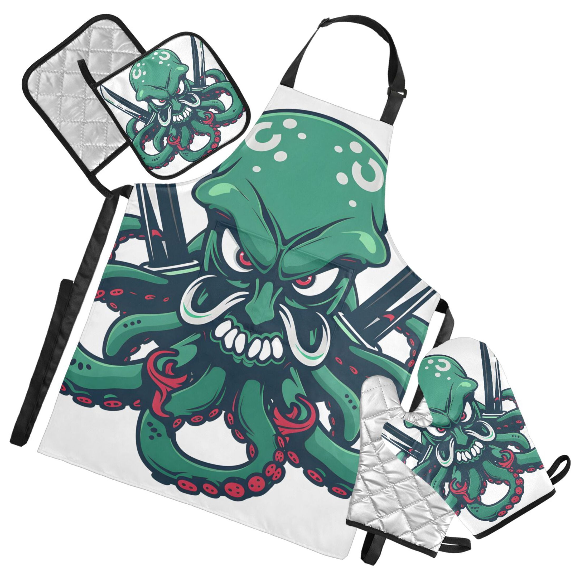 Octopus with Knife 5 Pcs Kitchen Set Heat Resistant Oven Mitts and Non ...