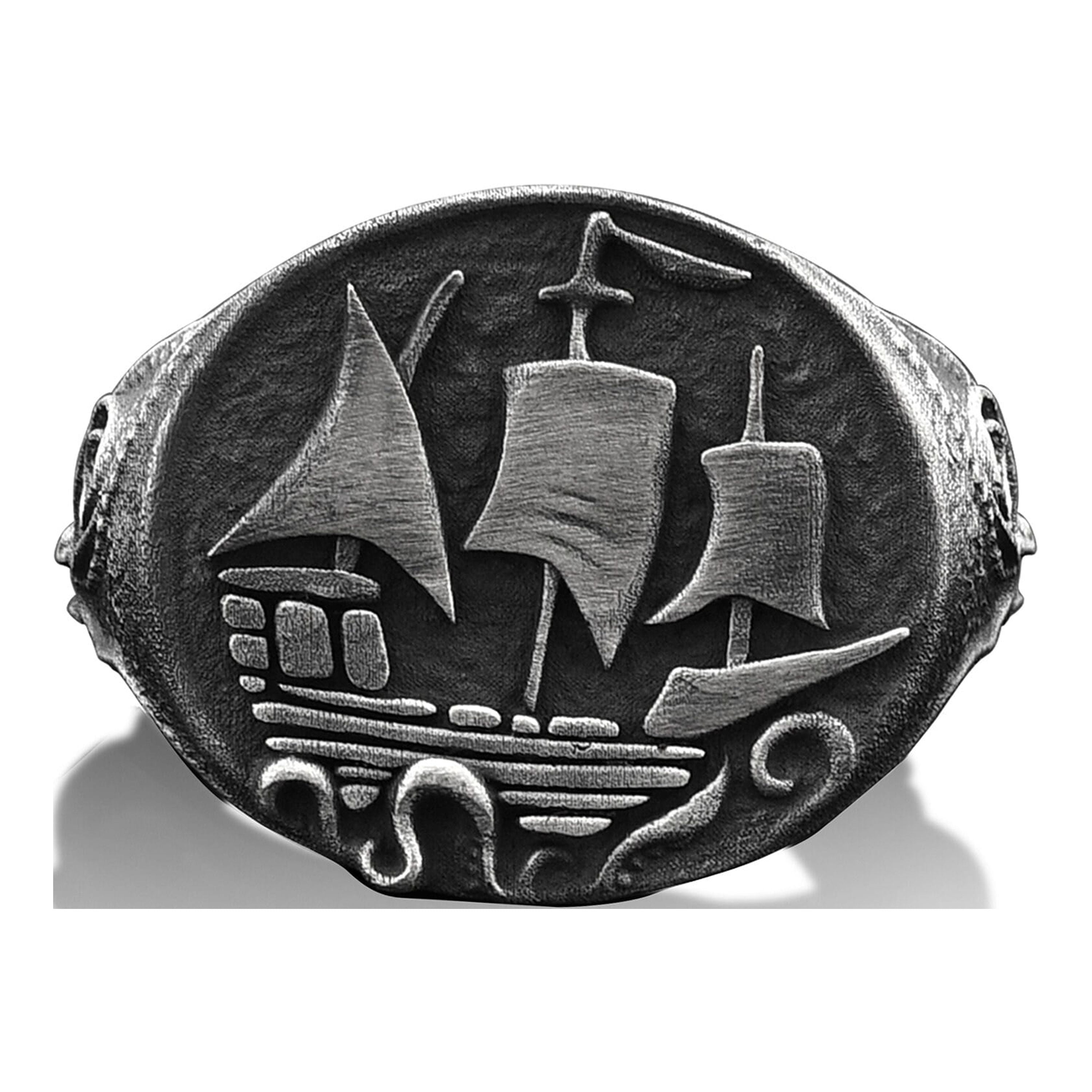 Octopus with pirate ship signet men ring in silver, Sailor pinky ring ...
