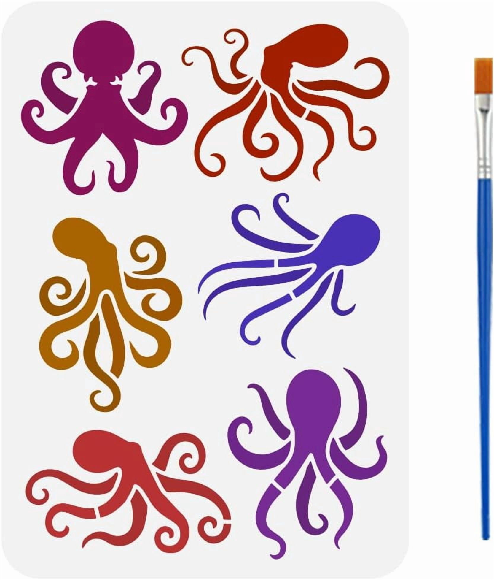 Octopuses Stencil with 1Pc Plastic Paint Brush 8.3x11.7inch Reusable ...