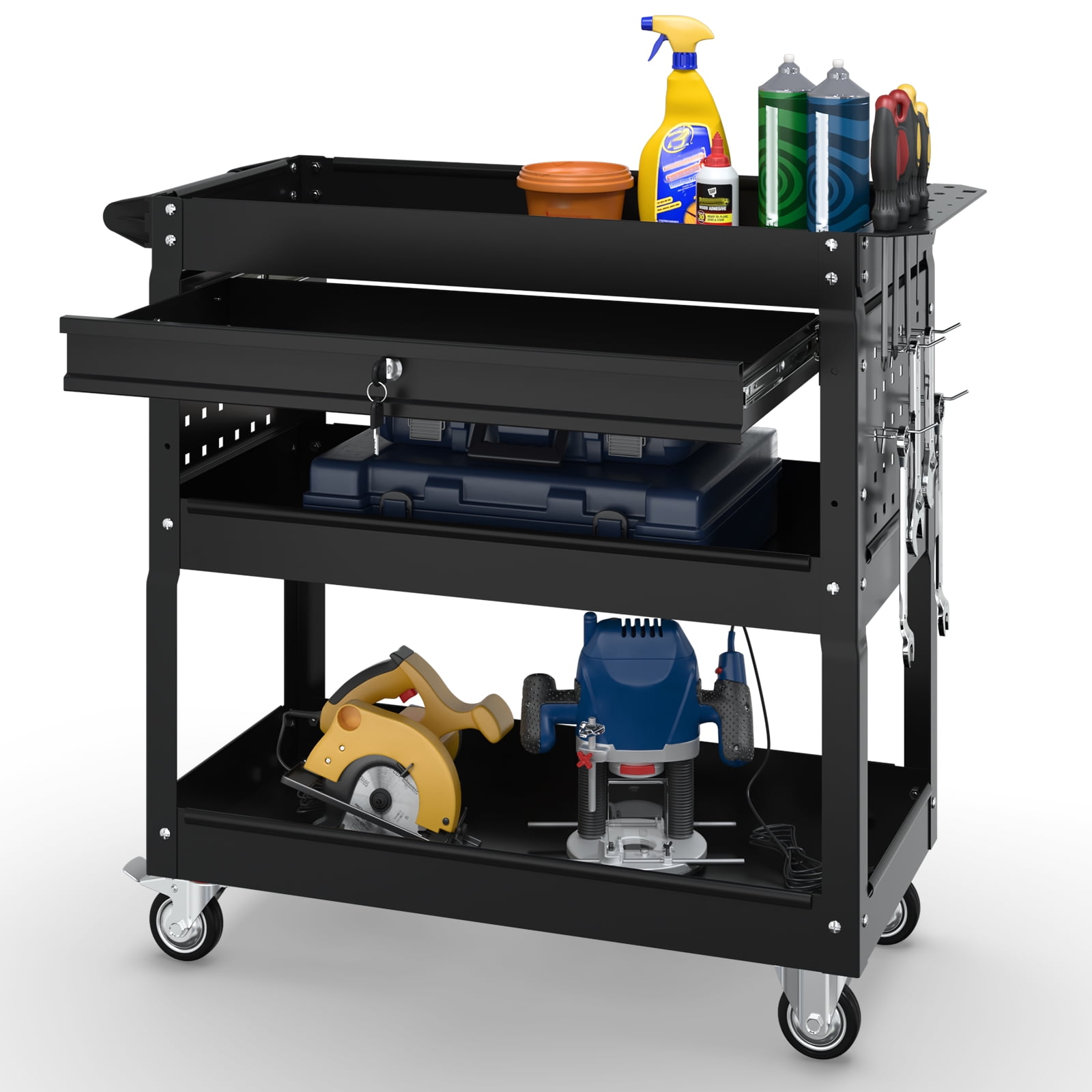 Odaof 3-Tray Rolling Tool Cart with Lock Drawers and Wheels, 330 LBS ...