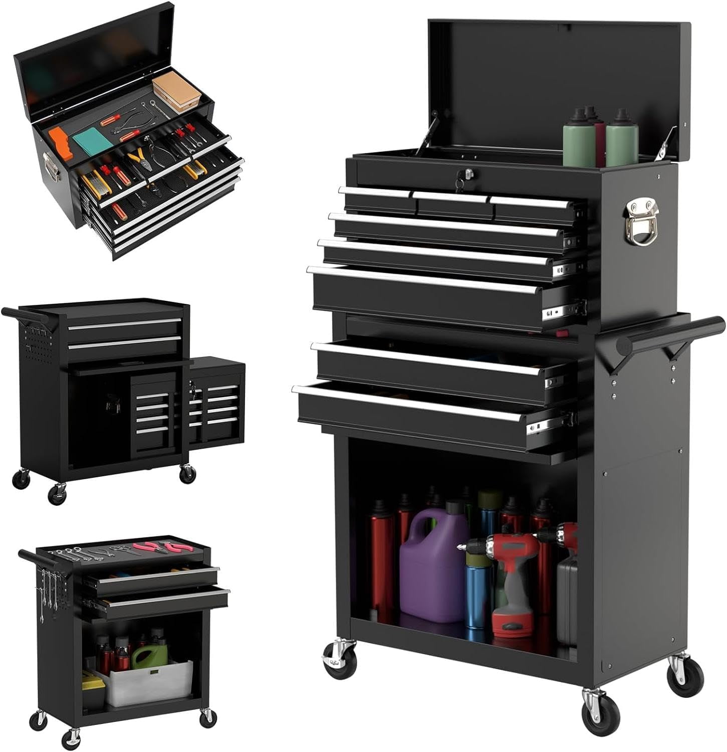 Odaof 8-Drawer Mobile Tool Chest, Removable Storage Toolbox with Wheels ...