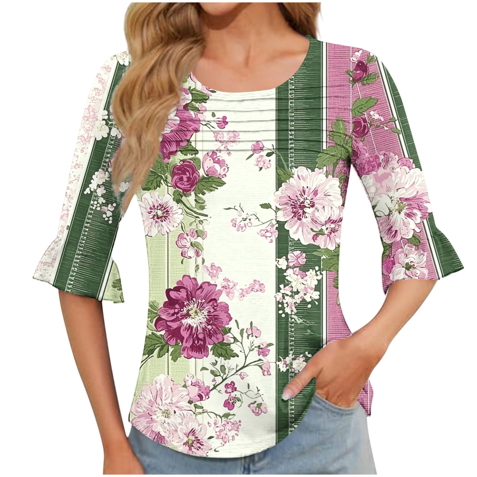 Odbmxy Blouse for Women Purple Elbow-Length Summer Womens Tops Floral ...