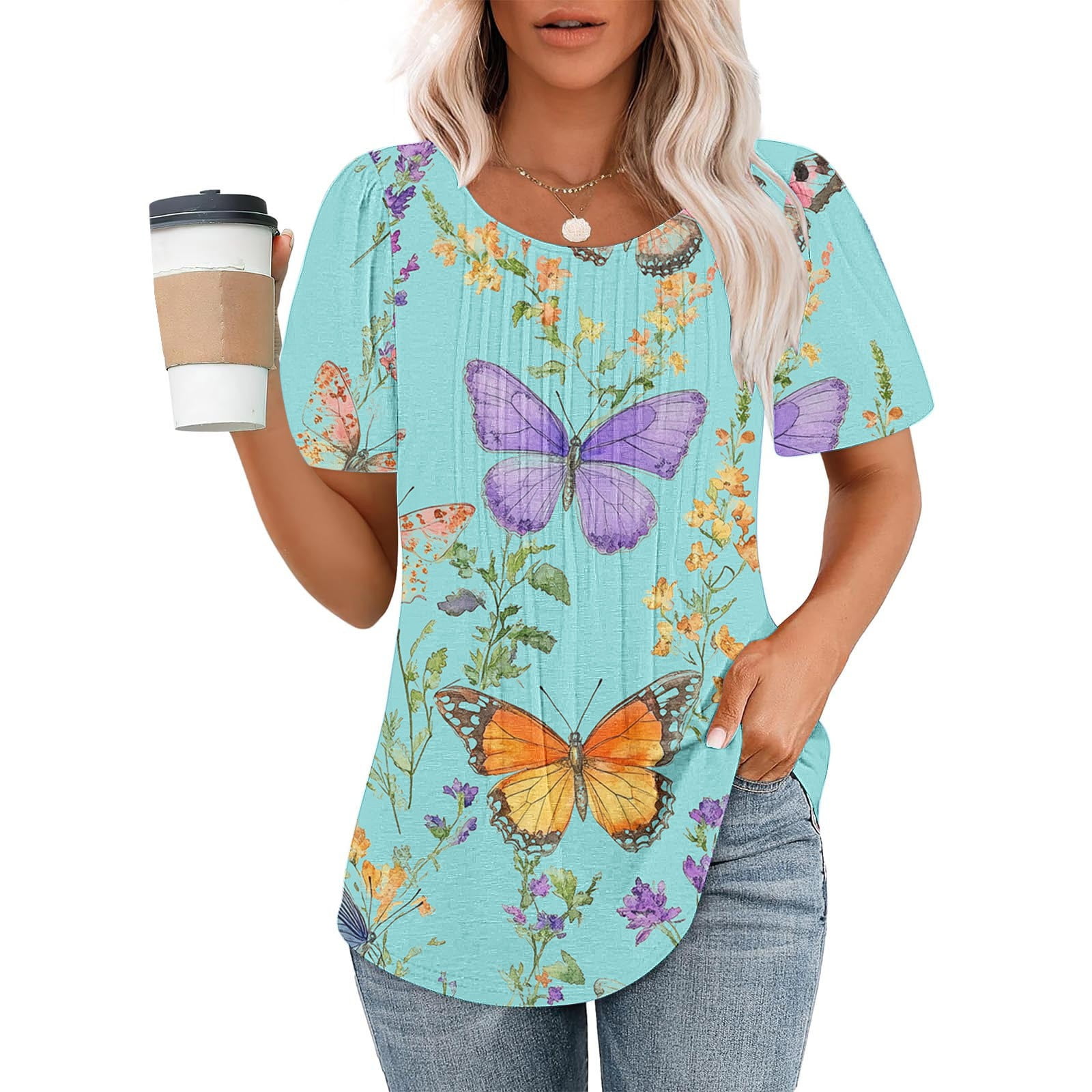 Odbmxy Summer Tee Shirts for Women Short Sleeve Women's Tops Butterfly ...