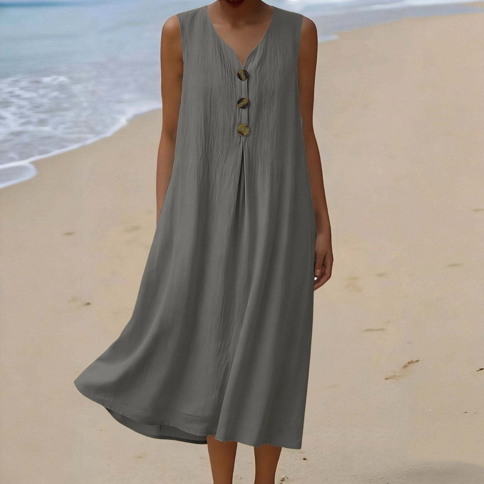 Odbmxy V-Neck Women Midi Dress Modest Summer Sleeveless Junior Dress ...