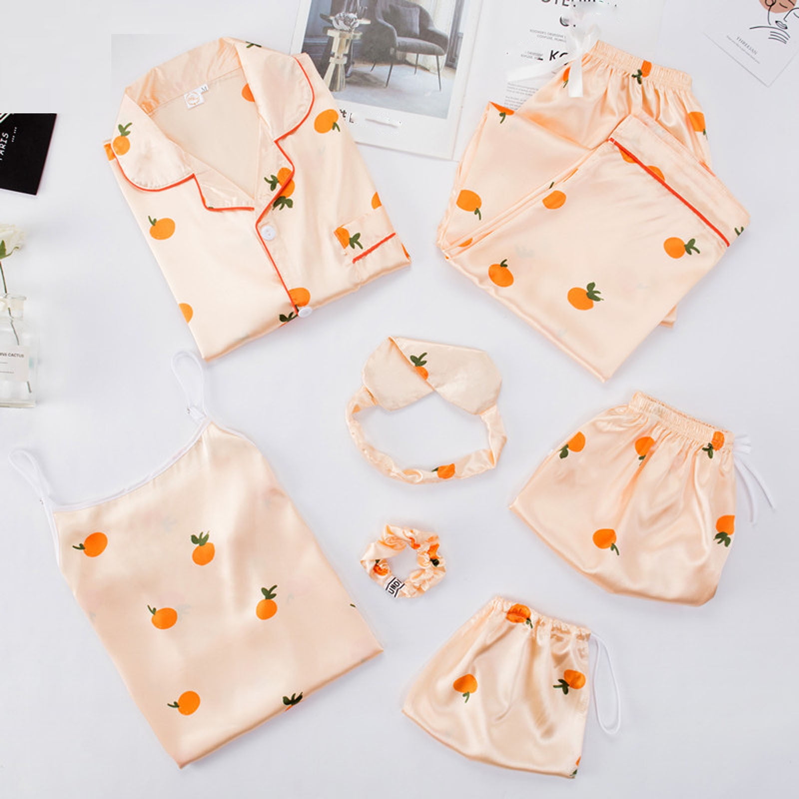 Odbmxy Women Pajamas Sets Silk Pajamas for Women Plus Size Orange Lapel ...