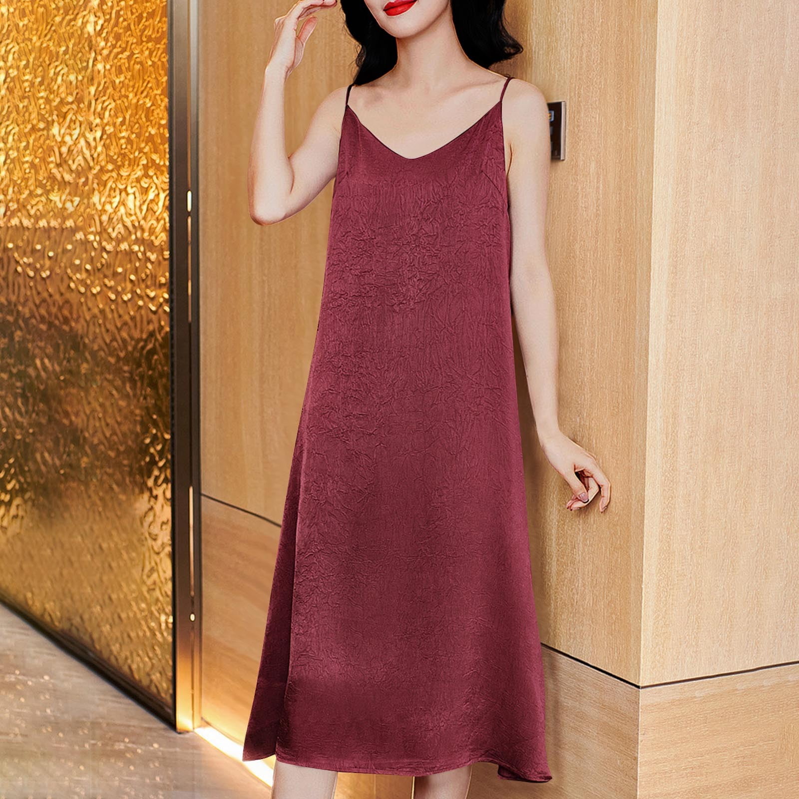 Odbmxy Women Sundress V-Neck Sleeveless Women's Midi Dresses Tank Satin ...