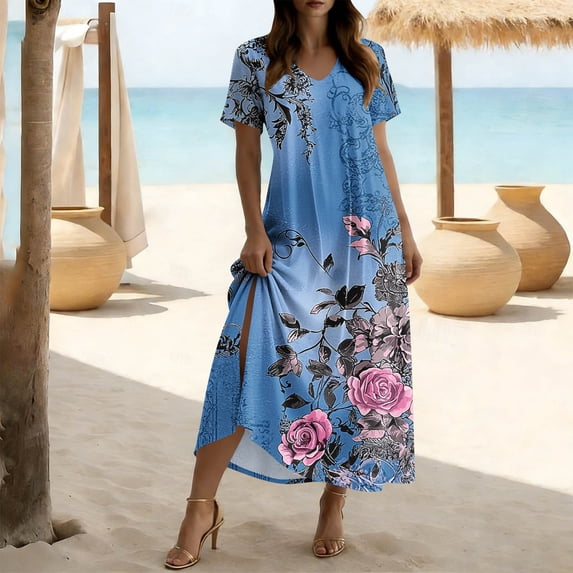 Odbmxy Women's Maxi Dress Summer Shift Short Sleeve T-Shirt Tropical V ...
