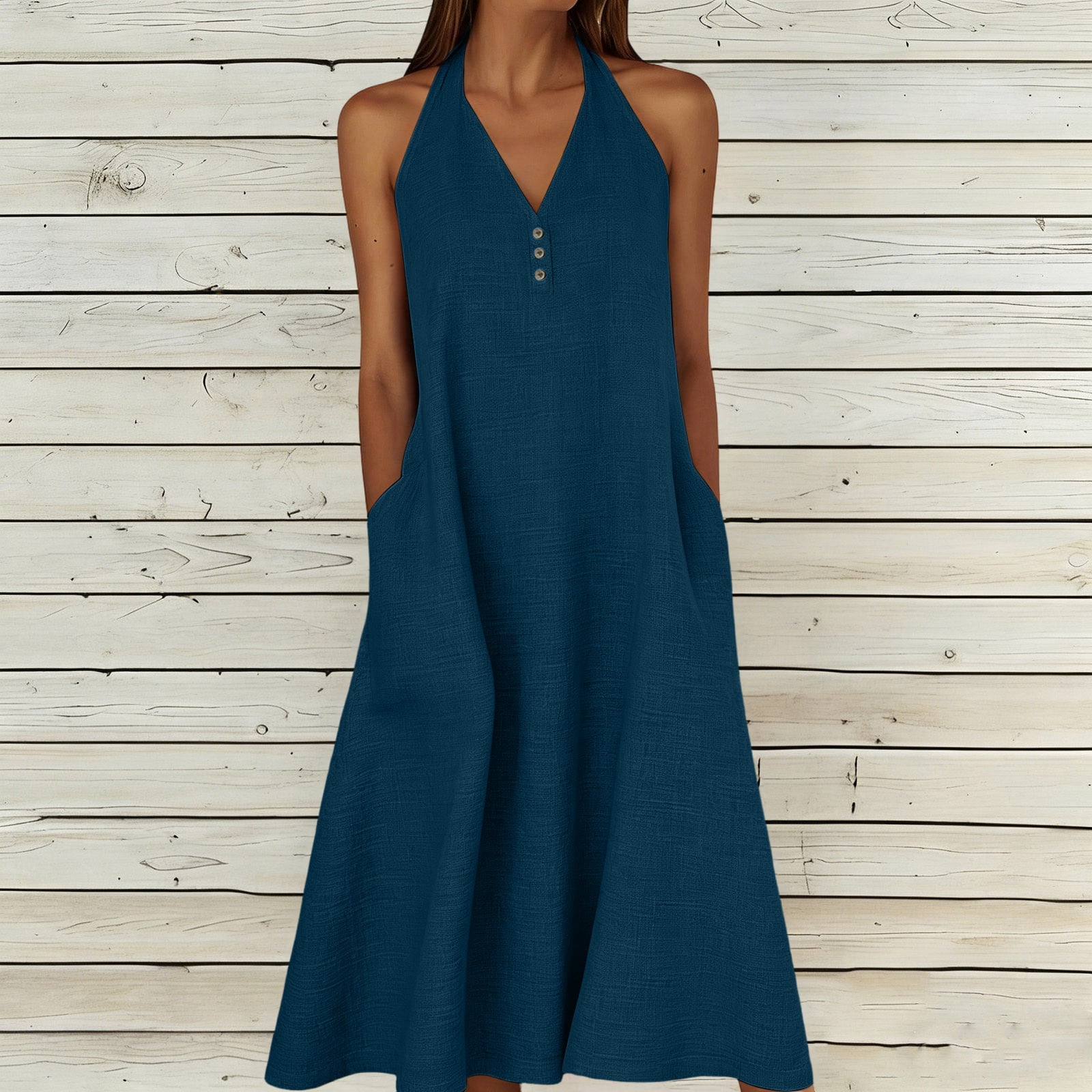 Odbmxy Women's Midi Dress Cotton Linen Halter Summer Sleeveless Women ...