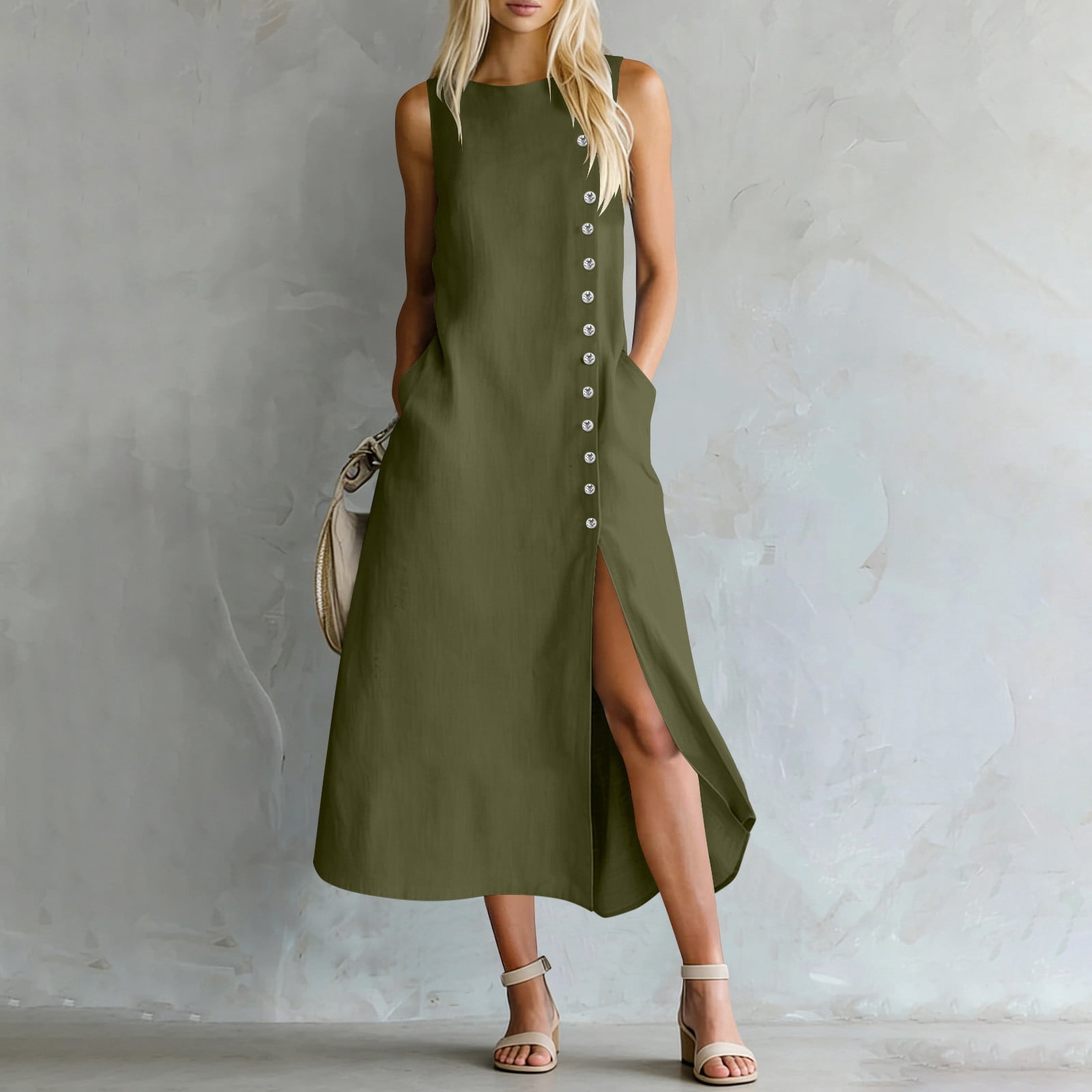 Odbmxy Women's Midi Dress Cotton Linen Shift Summer Classy Shirt Dress ...