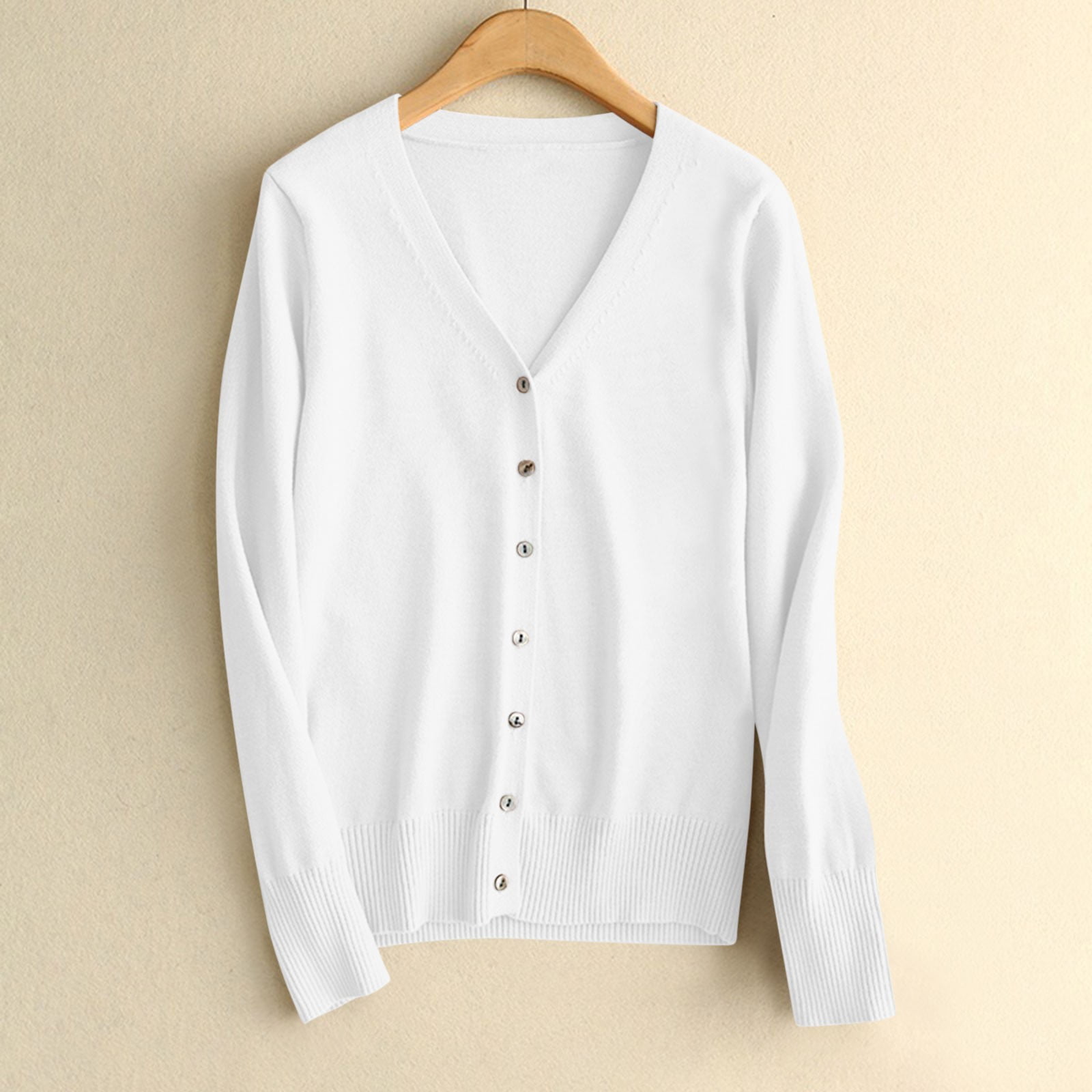 Odbmxy Women's Sweaters V-Neck Long Sleeve Womens Cardigan Sweaters White Knit Solid Color Loose ...