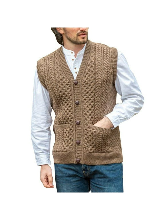 Kallspin Men's Wool Blend Sweater Vest Cable Knit V Neck Knitted ...