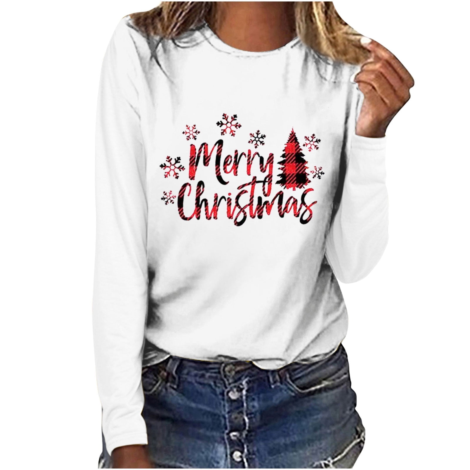 Odeerbi Women's Christmas Tops, Long Sleeve, MERRY CHRISTMAS Tree ...