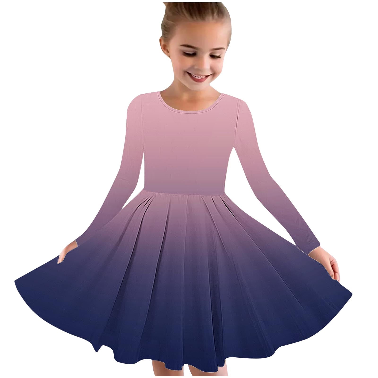 Odeerbi Kids Girls Skater Twirl A-Line Dress Long Sleeve Pleated ...