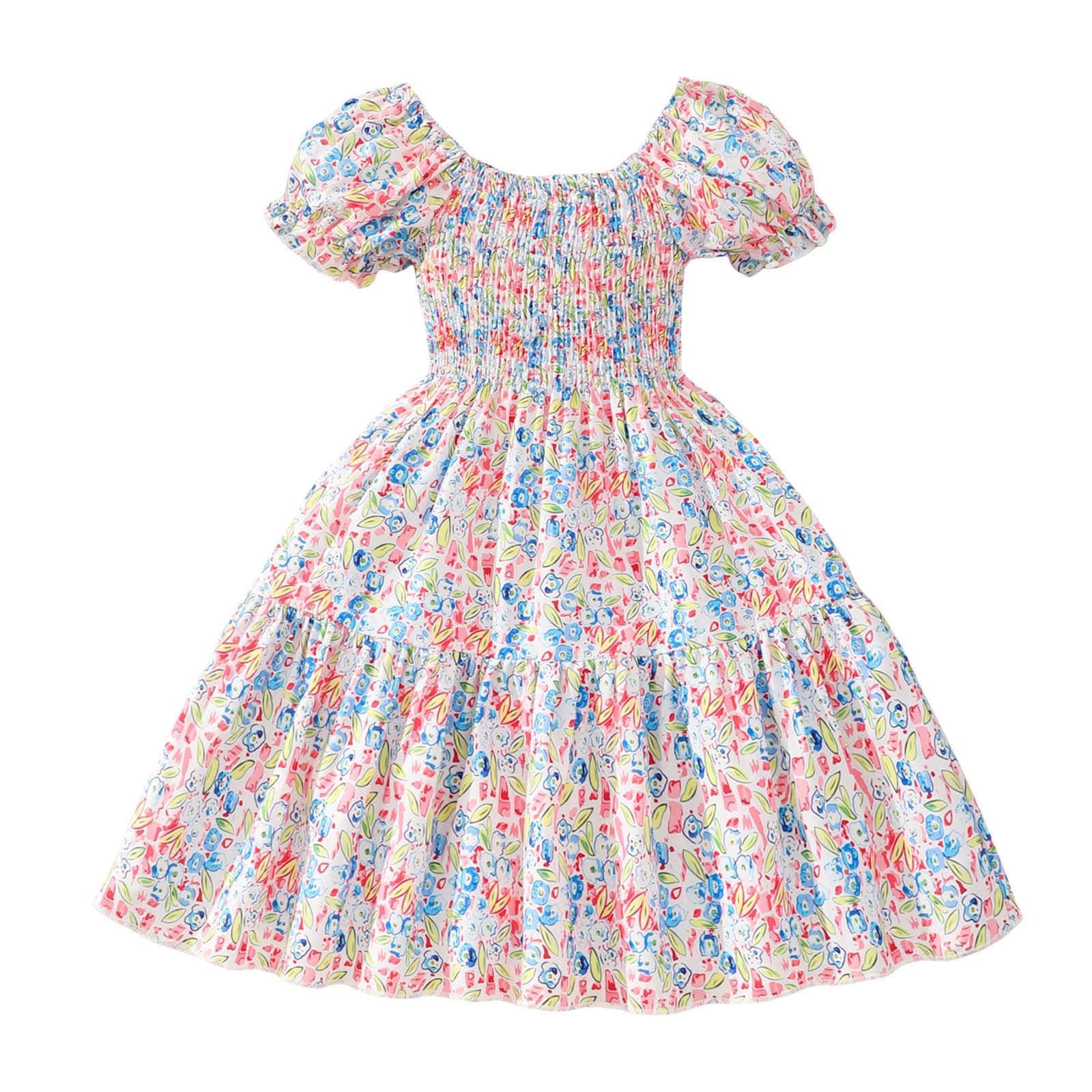 Odeerbi Kids Girls Summer Floral Dress Puff Short Sleeve Pleated Tiered ...