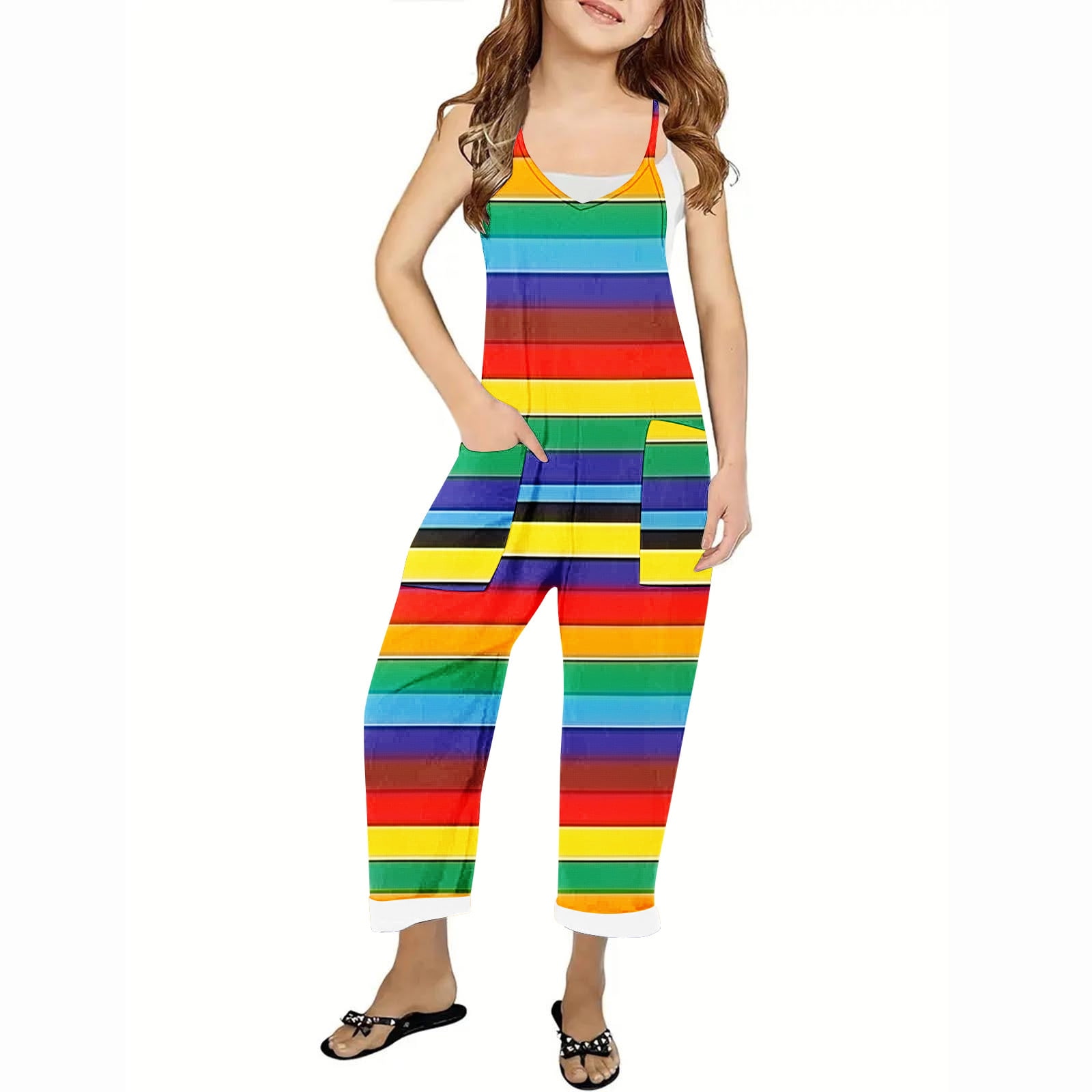 Odeerbi Kids Girls Summer Jumpsuit Rainbow Striped Bib Overalls Casual ...