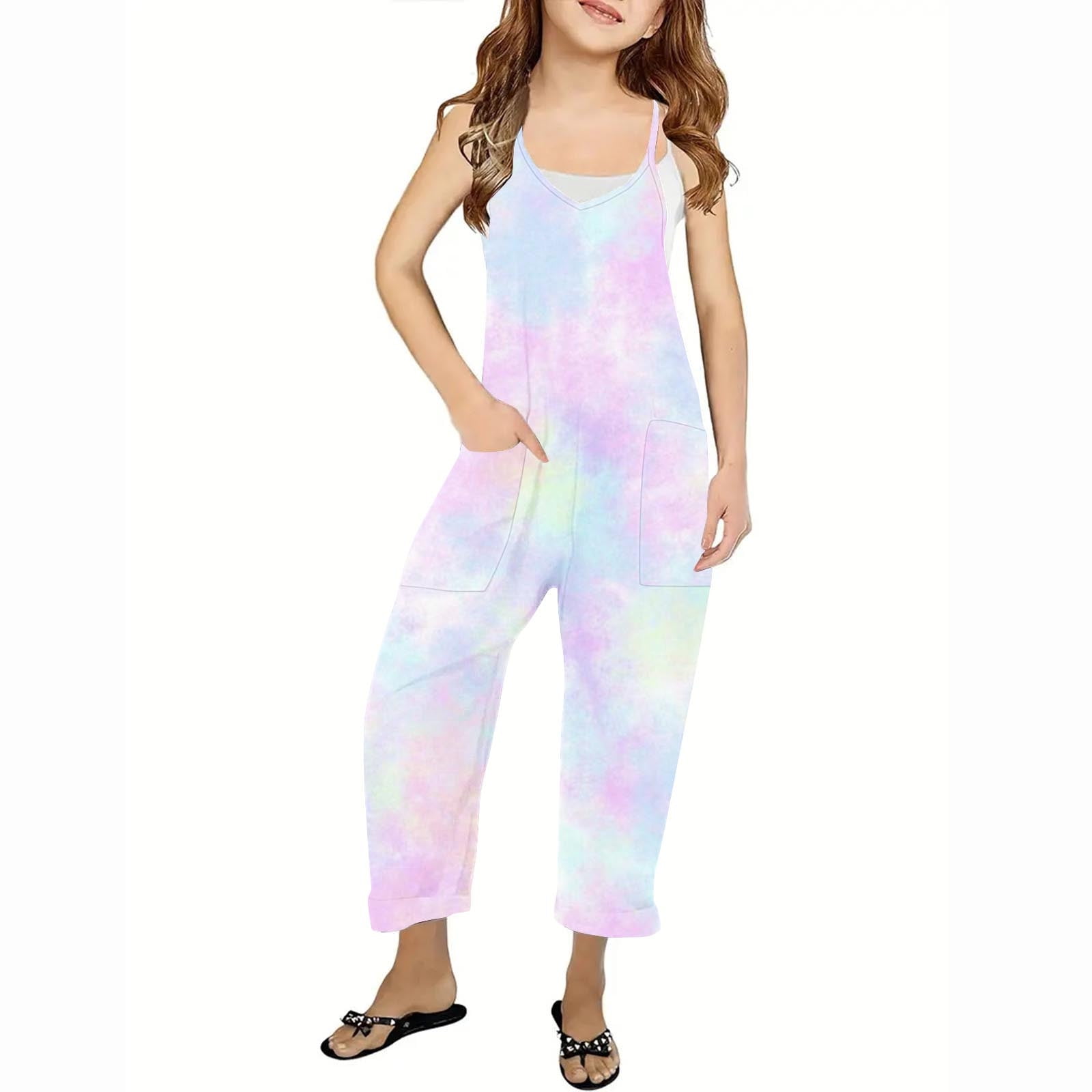Odeerbi Kids Girls Summer Jumpsuit Tie-dye Bib Overalls Casual ...