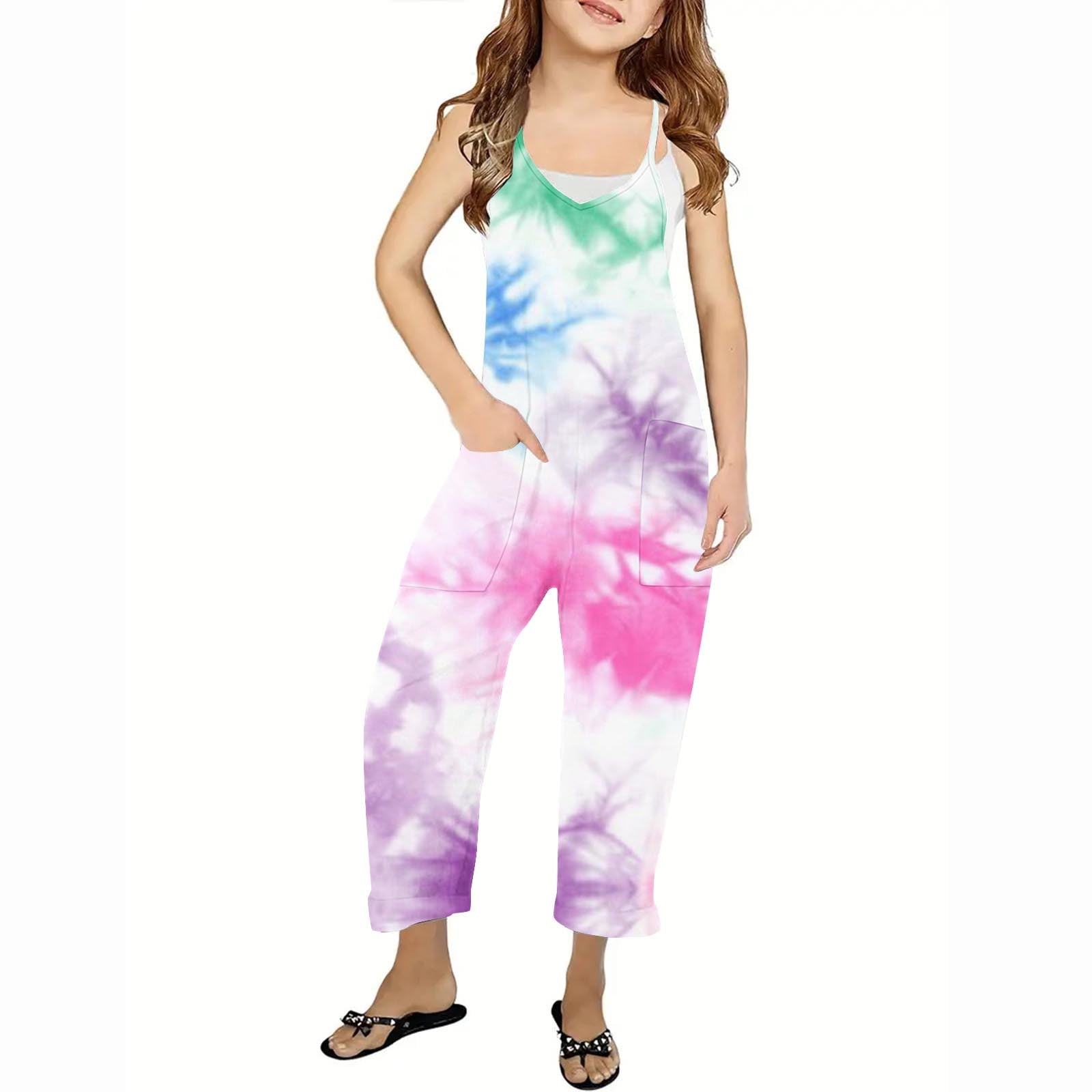 Odeerbi Kids Girls Summer Jumpsuit Tie-dye Bib Overalls Casual ...