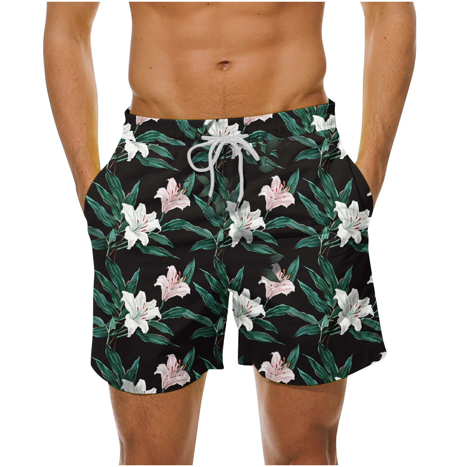 Odeerbi Mens Swim Trunks Hawaiian Tropical Print Bord Shorts Summer ...