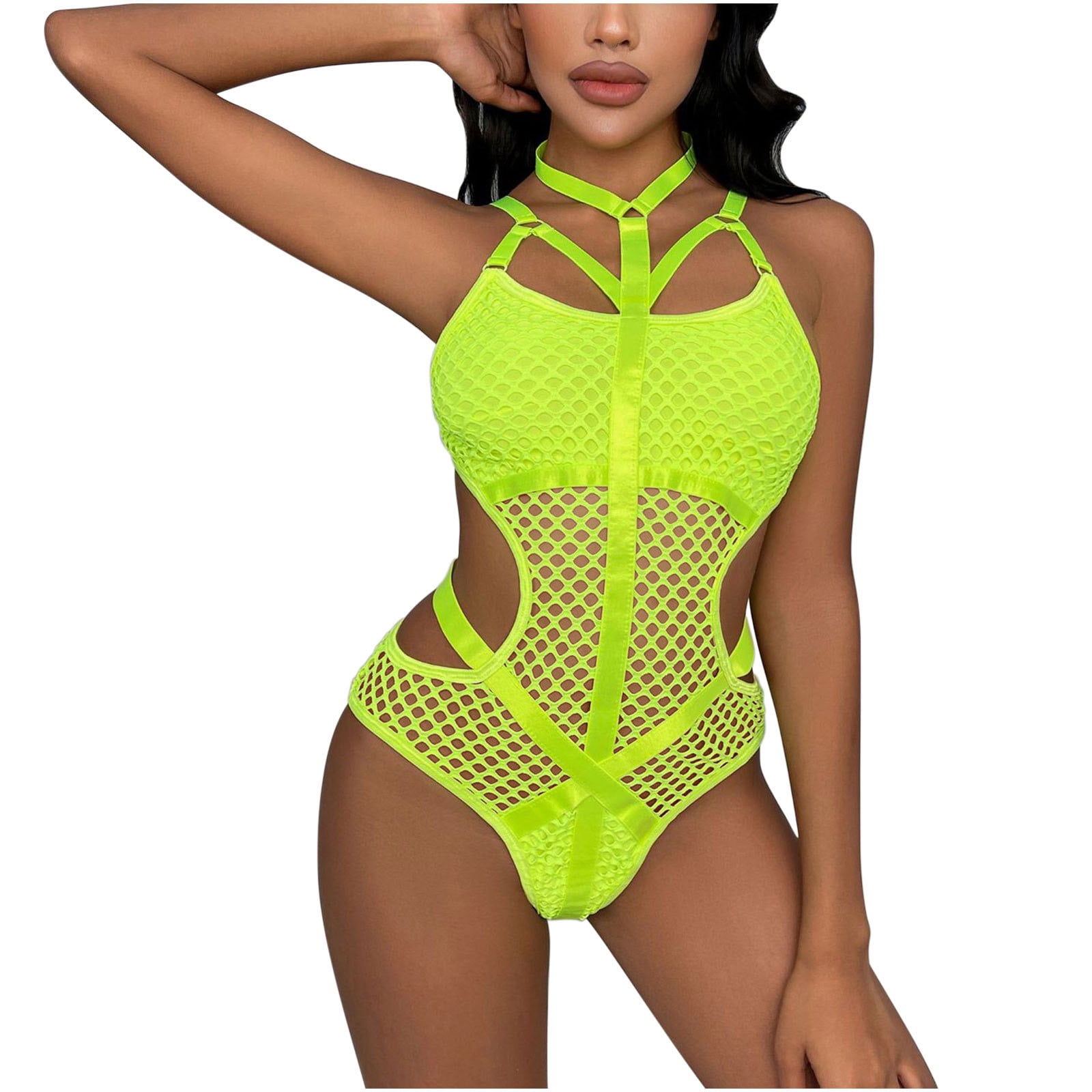 Odeerbi One Piece Lingerie for Women 2025 Sexy Hanging Neck Mesh Splicing Underwear Jumpsuit ...