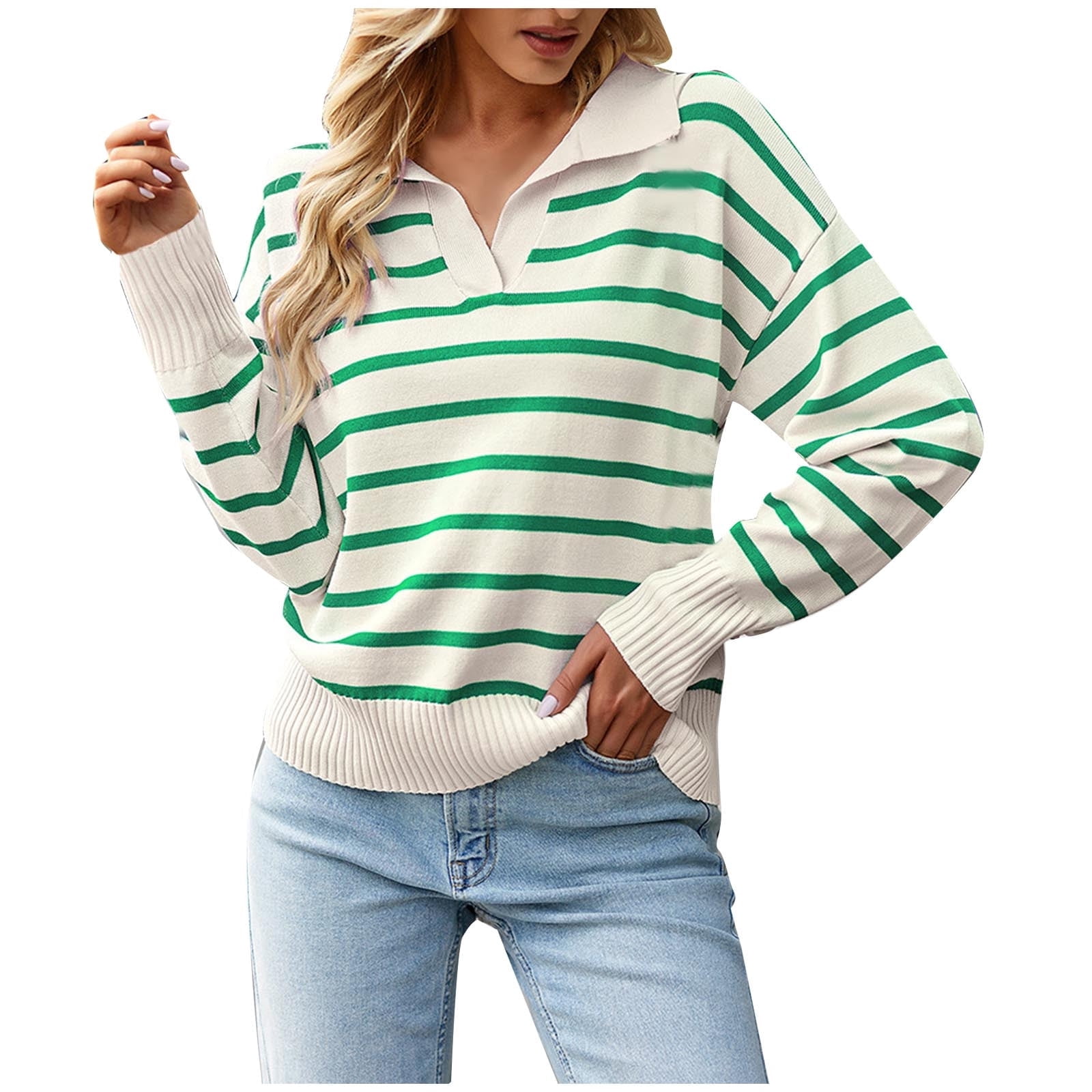 Odeerbi Sweaters For Women Striped Sweater Knit Trendy 2025 Casual ...