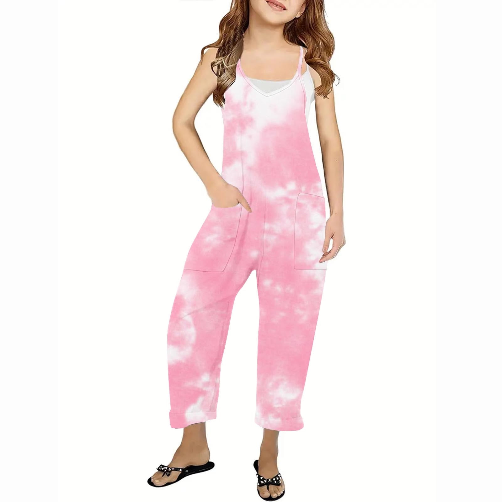Odeerbi Teen Girls Summer Jumpsuit Tie-dye Bib Overalls Casual ...