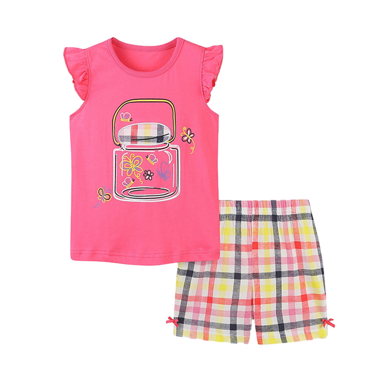 Odeerbi Toddler Girls 2 Piece Outfits Cartoon Cotton Ruffle Sleeve Tank ...